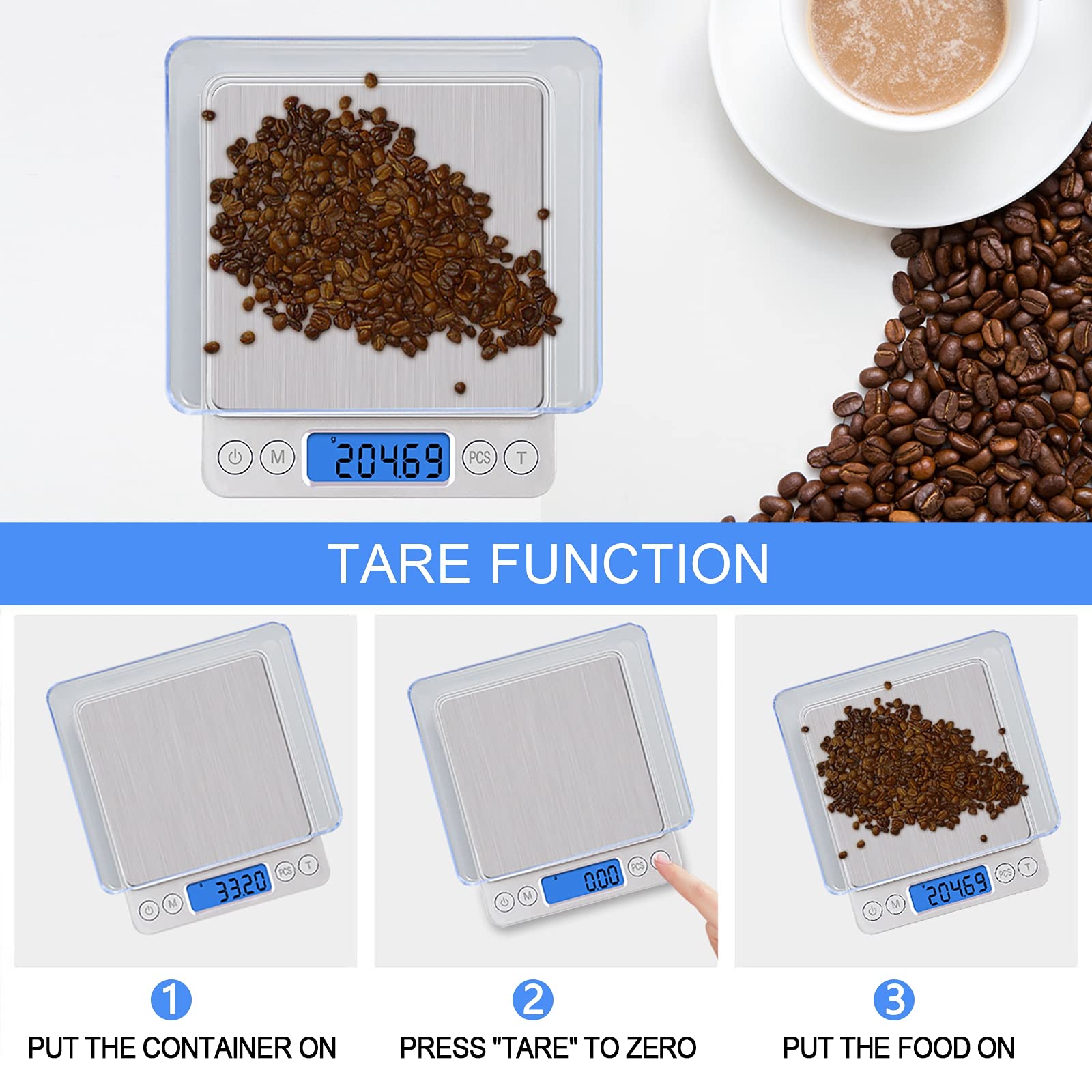 UNIWEIGH Digital Kitchen Scale, 500g/0.01g Gram Scale,Cooking Food Scale Digital Weight Grams and OZ with LCD Display, Digital Jewelry Coffee Scale with 2 Trays,Auto Off, Tare,Stainless Steel