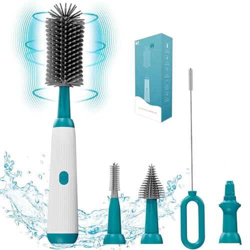 WHNL Electric Bottle Brush Set, 360°Automatic Bottle Cleaner Brush with 3 Sizes Replaceable Silicone Bottle Brush and Straw Cleaner Brush,Extension Handle for Long Bottles.IPX65& Rechargeable (Green)