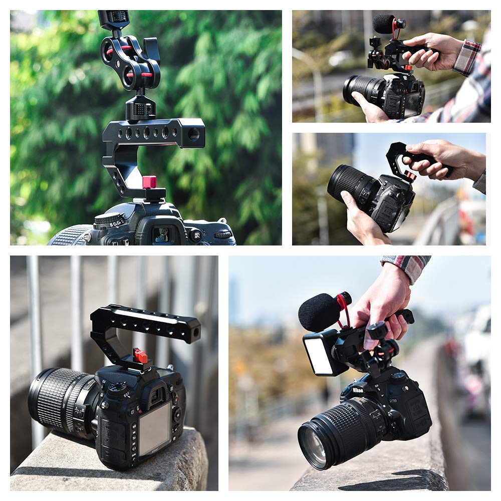 UTEBIT Camera Top Handle with 1/4" 3/8" Screw Thread, Universal Camera Hot Shoe Top Handle Grip with 3 Cold Shoe Adapters to Mount DSLR Camera with Microphone/LED Light/Monitor/Phone/Magic Arm