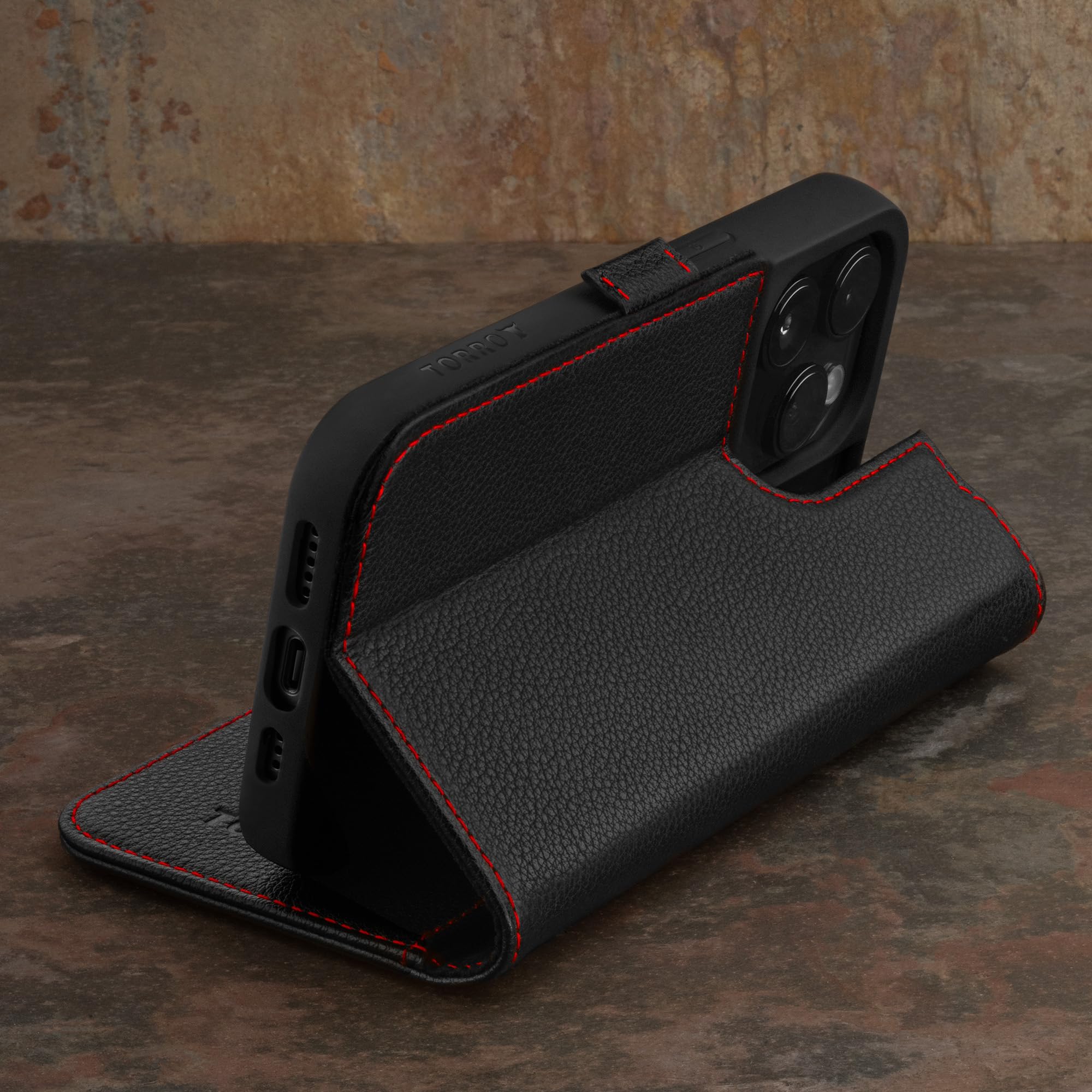 TORRO Premium Leather Case Compatible with iPhone 15 Pro 6.1" β Genuine Leather Wallet Flip Folio Case with Kickstand and Card Slots (Compatible with Official MagSafe Chargers) - Black