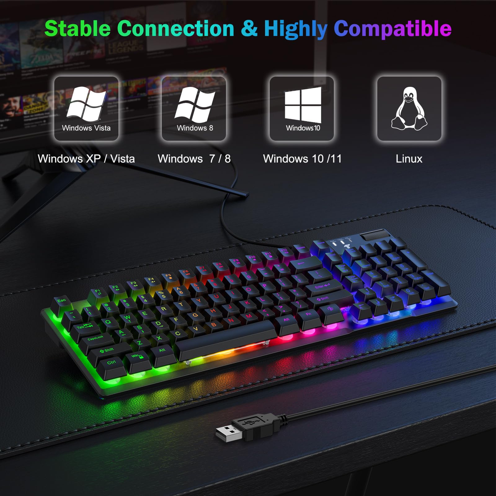 TECURS Gaming Keyboard-Wired USB Keyboard with LED Backlit, Silent Spill-Resistant Membrane Keyboard,Anti-Ghosting Keys,Durable for Computer/Windows/Xbox/PS4 (Black)