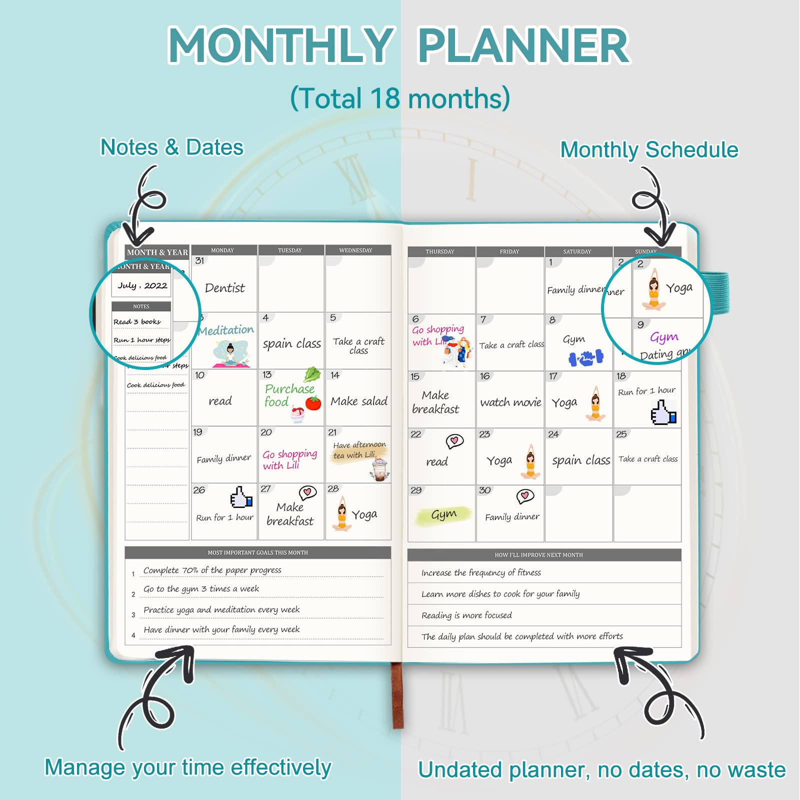 Soomeet Planner, Undated Weekly Planner, Goal Planner, Calendar Stickers, Faux Leather Cover, Time Management Manual and Planner, A5 Hardcover with Ruler, 200 Pages, Lake Blue
