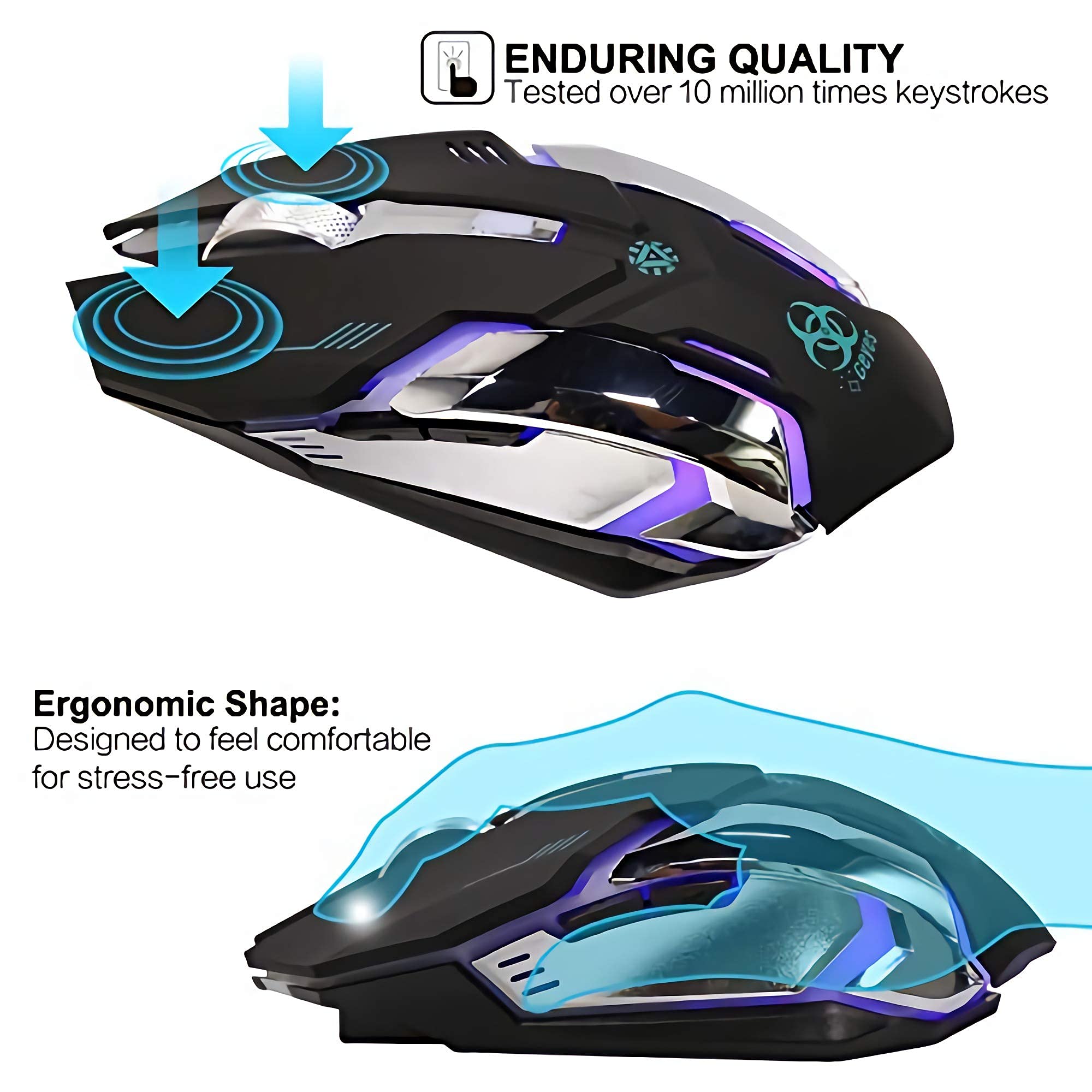 VEGCOO Wireless Gaming Mouse, Silent Wireless Mouse, Rechargeable Computer Mice with Colorful RGB LED Lights and 3-Level-Adjustable DPI, 6 Buttons Mouse with Side Buttons for Laptop and Desktop