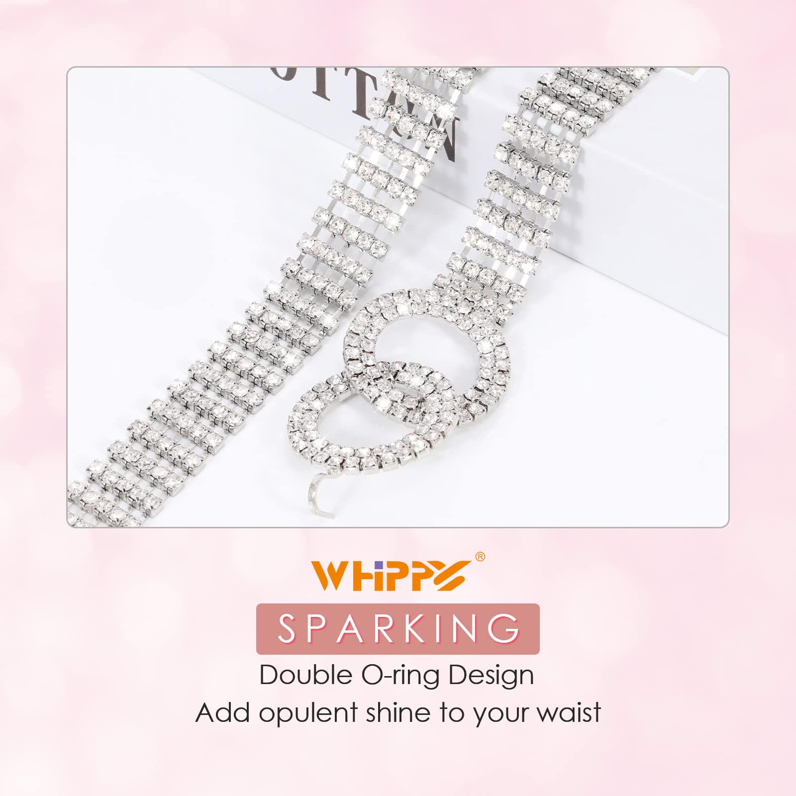 WHIPPY Women Rhinestone Belt Silver Shiny Diamond Fashion Crystal Ladies Double O-Ring Waist Belt for Dresses
