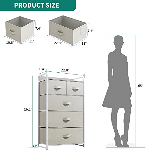YITAHOME Fabric Dresser with 5 Drawers - Storage Tower with Large Capacity, Organizer Unit for Bedroom, Living Room & Closets - Sturdy Steel Frame, Wooden Top & Easy Pull Fabric Bins (Cream White)