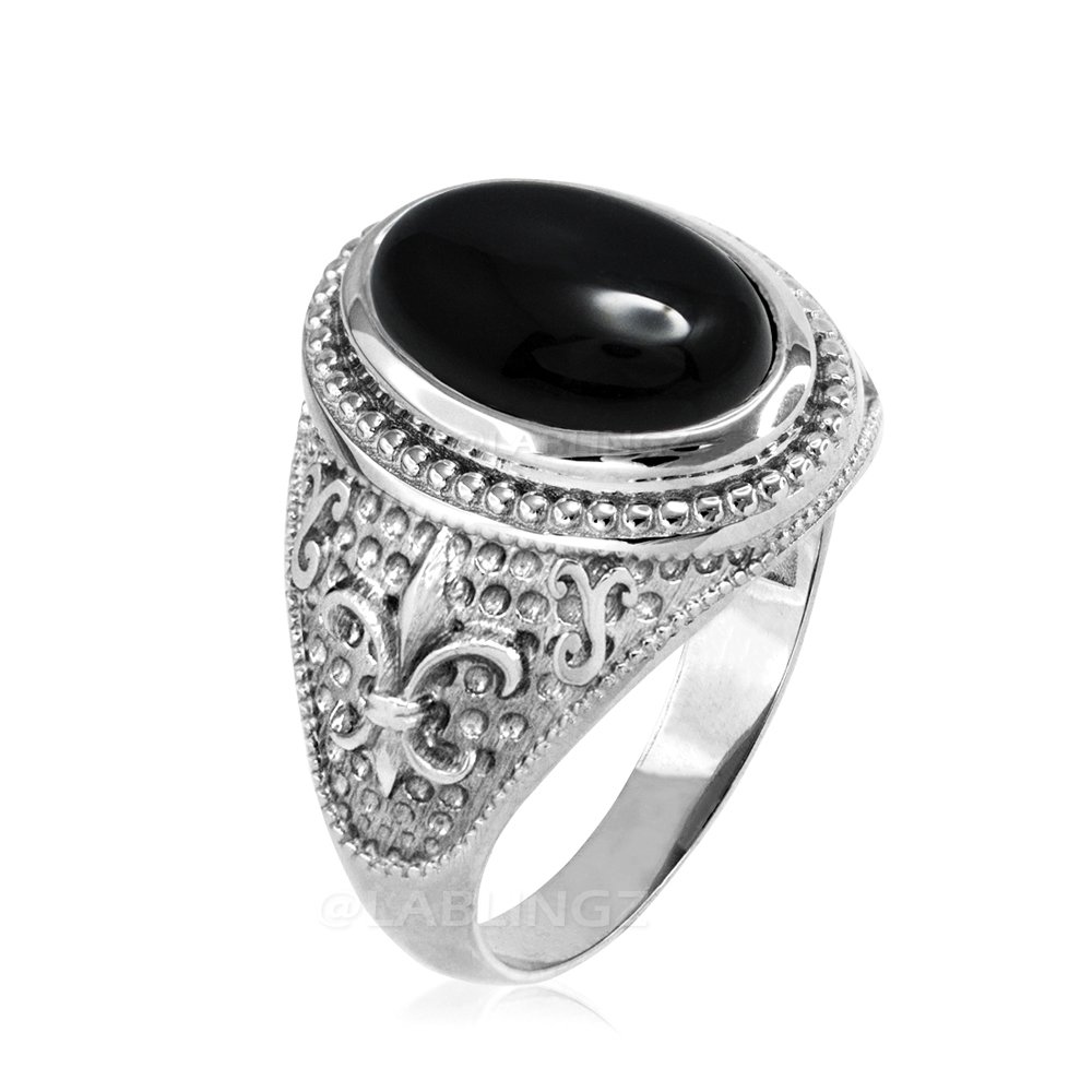 Sterling Silver Fleur-De-Lis Black Onyx Gemstone Ring (9.5)