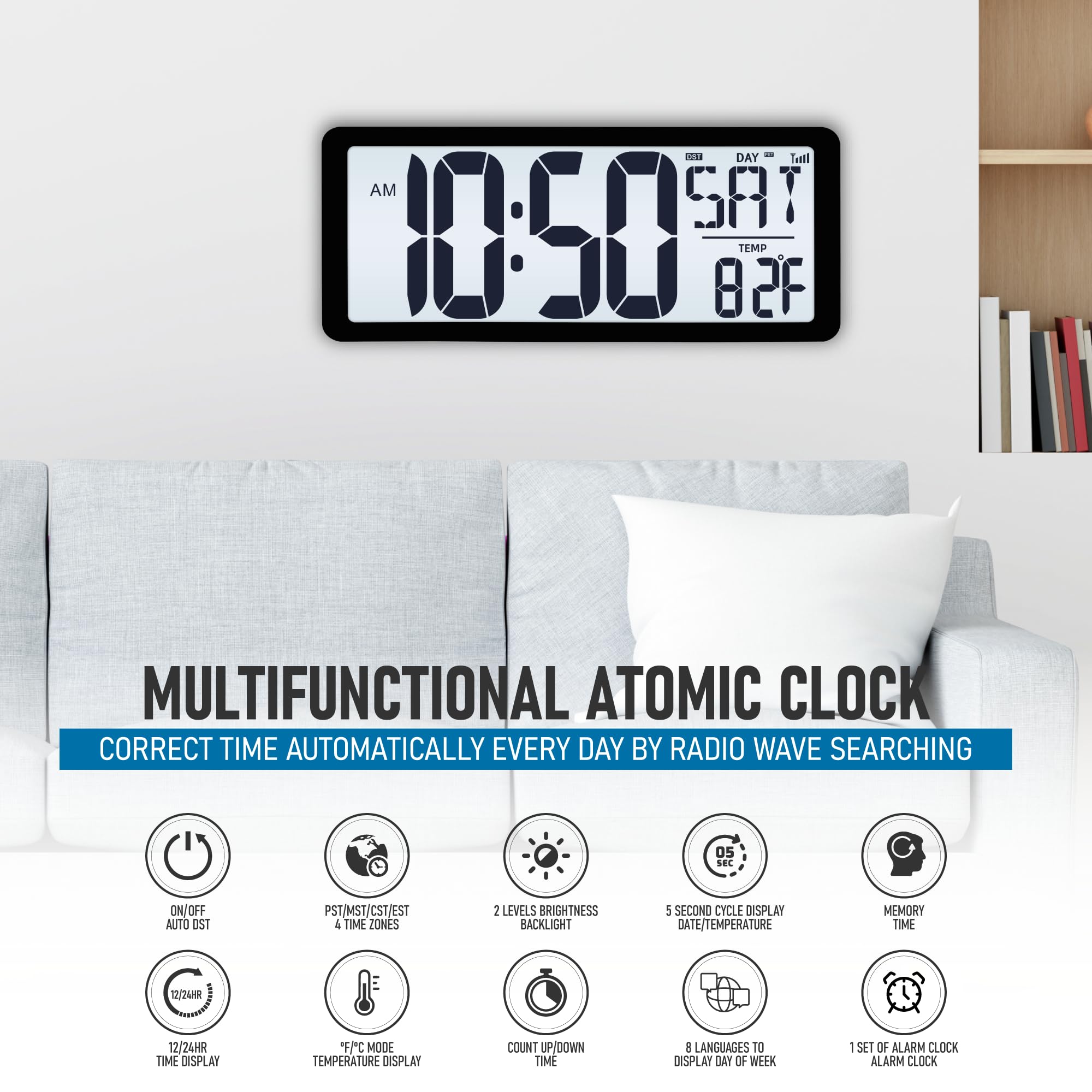 TXL Large Digital Wall Clock with Backlight, 14.17" Battery Operated Alarm Clock with Day, Date & Temperature, Jumbo Display Digital Count Up Down Timer Clock for Seniors, Home