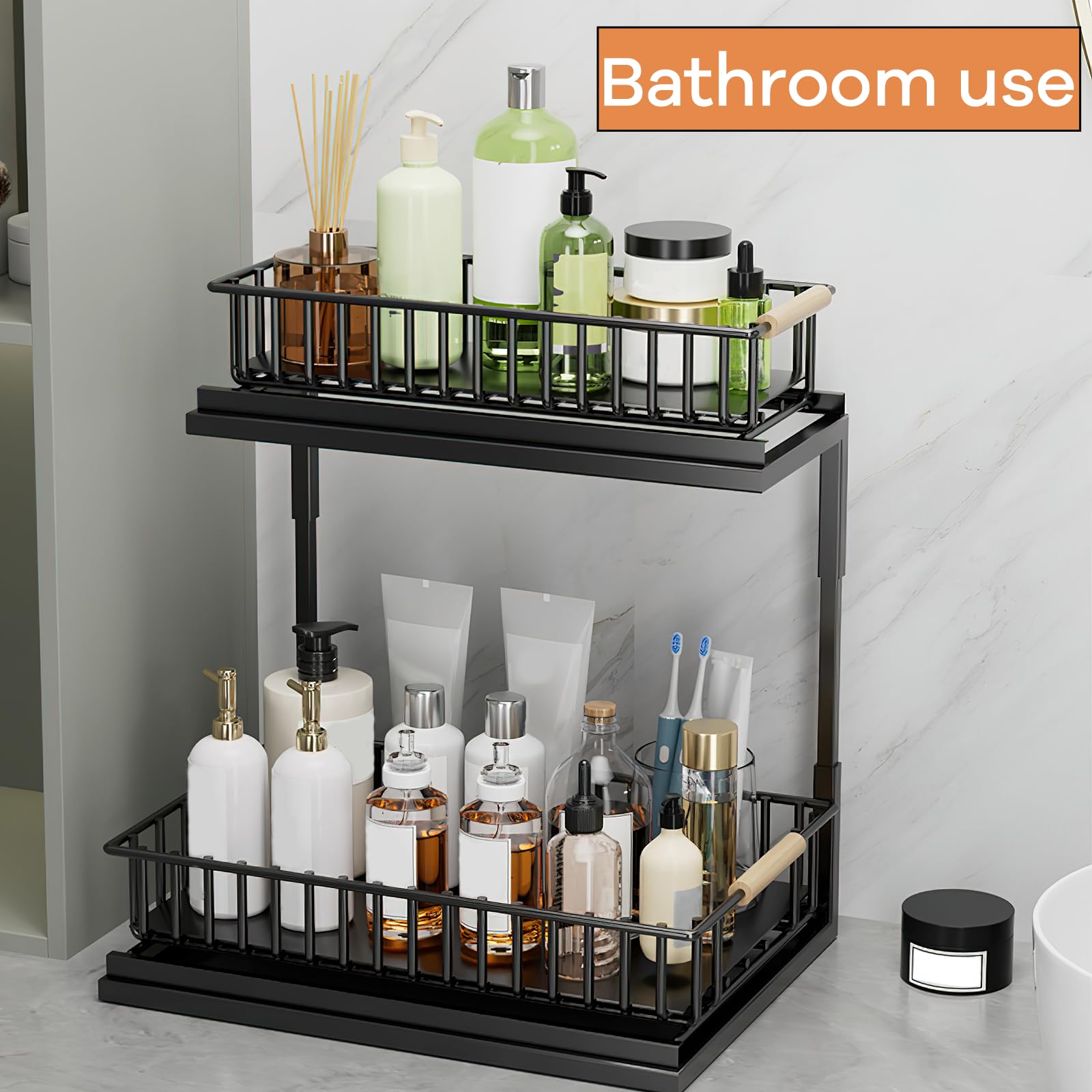 YZHDUXIU 2-Tier Sliding Under Sink Organizers and Storage, Rustproof Metal Pull Out Cabinet Organizer with Wooden Handle, Multi-Use Under Sink Storage for Kitchen Bathroom