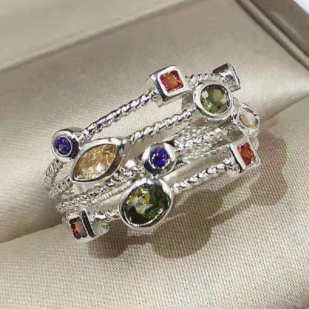 ZJQZBSS 925 Sterling Silver Shiny Full Diamond Cross Ring Colorful Geometric Gem Ring Cubic Zirconia Ring CZ Diamond Multi-Row Ring Eternal Engagement Wedding Ring Women's Jewelry Gift (Size 10)
