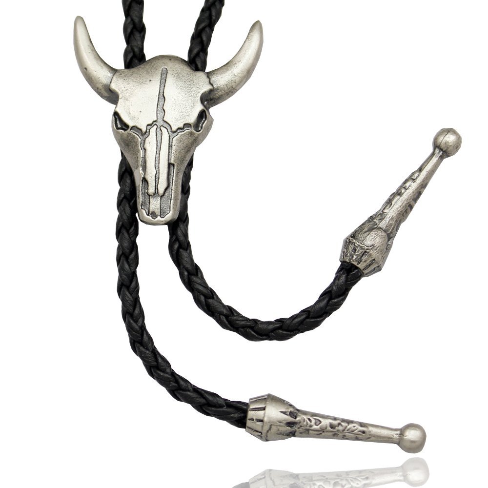 Vintage Silver Tone Q&Q Fashion Western Texas Longhorn Buffalo Steer Cow Skull Leather Rodeo Bolo Tie Necktie