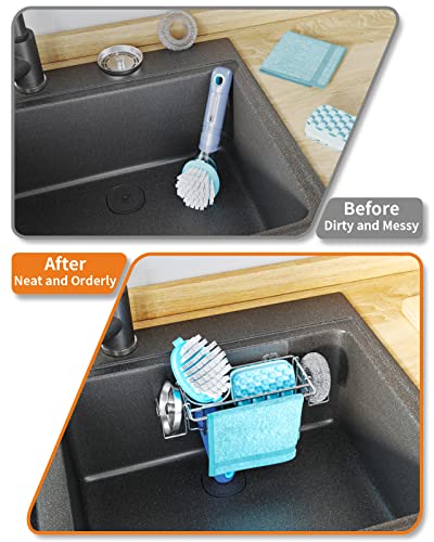 SWTYMIKI 5 in 1 Sink Sponge Holder for Kitchen, Stainless Steel Sink Caddy with Dishcloth Holder for Brush & Sponge in Kitchen Sink Sponge Organizer with 2 Strong Adhesives in Black
