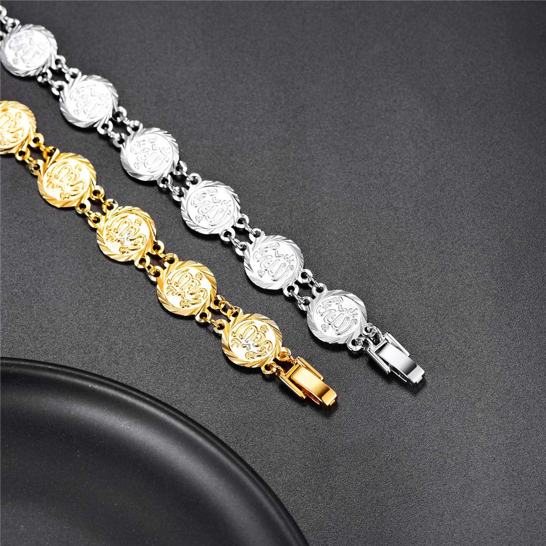 U7 Allah Bracelet for Women|Platinum Plated 13mm Link Coin Charm Bracelet Bangle 7.5 Inch, Gift for Mother Daugther