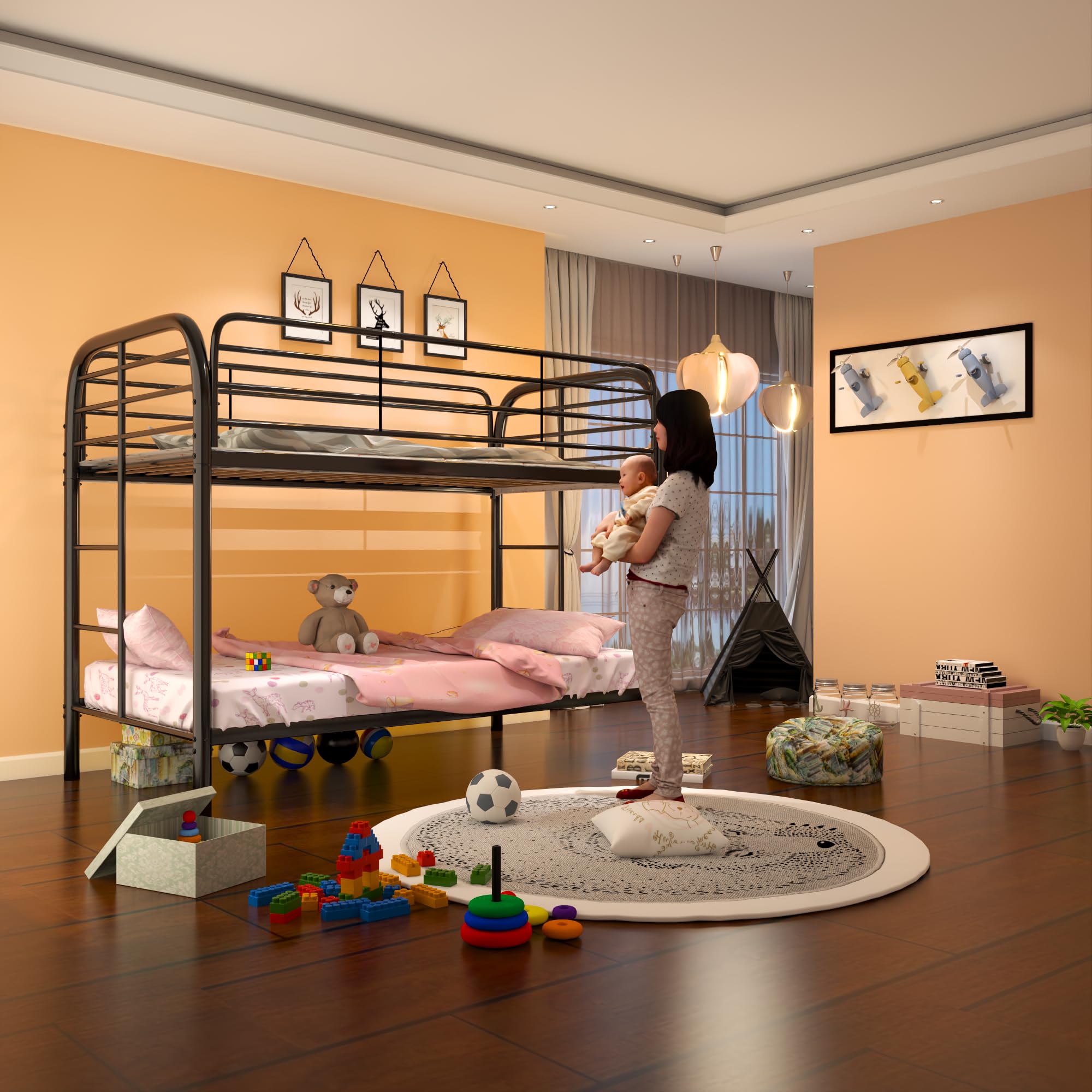 SUXXAN Bunk Bed Twin-Over-Full Size with Frame and Ladder, Metal Bunk Bed with Space-Saving Design, Low Loft Design, for Teens & Adults/No Box Spring Needed