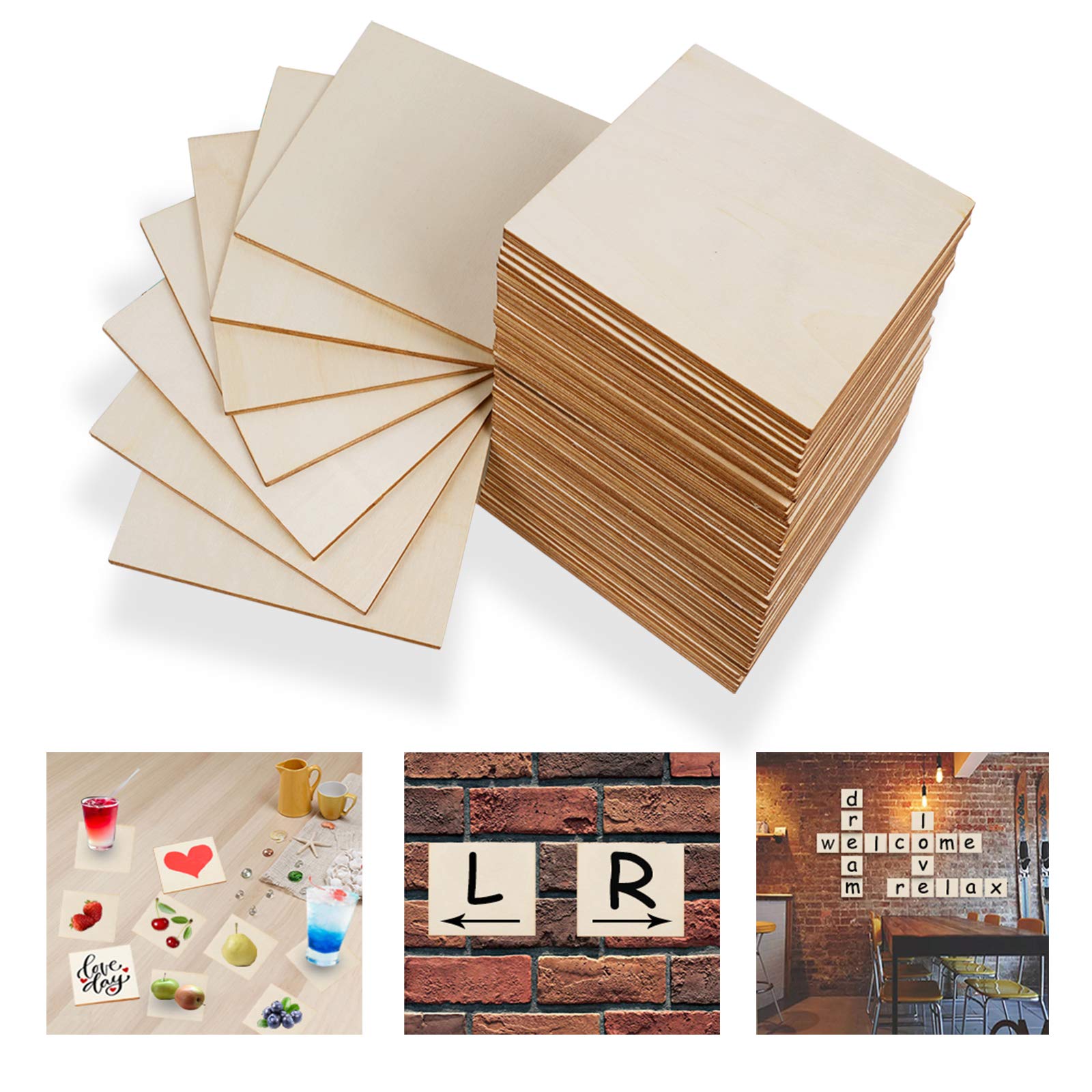 Unfinished Wood Board - 55Pcs 5 x 5in Blank Natural Slices Wood Square for DIY Crafts Painting, Scrabble Tiles, Coasters, Pyrography, Decorations