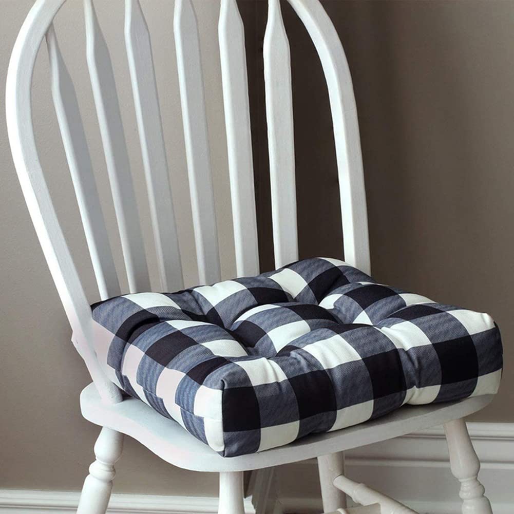 XSlive Buffalo Check Chair Pad with Ties,Soft Thicken Seat Cushion for Reading Office,Non Slip Square Chair Cushion for Dining Kitchen,Machine Washable (Black White,16"x16")