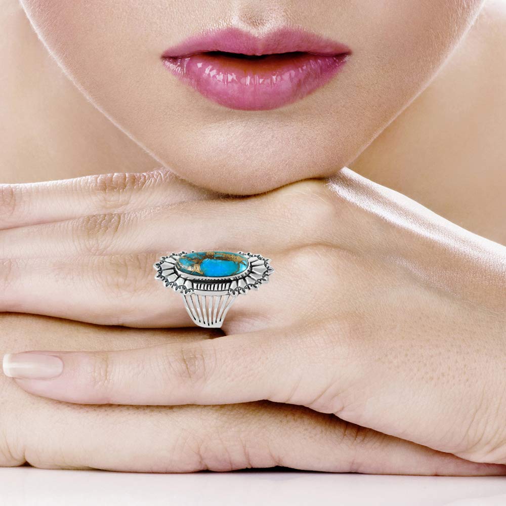 Turquoise Ring Sterling Silver 925 Genuine Gemstones Size 6 to 11 (Teal/Matrix Turquoise) (10)