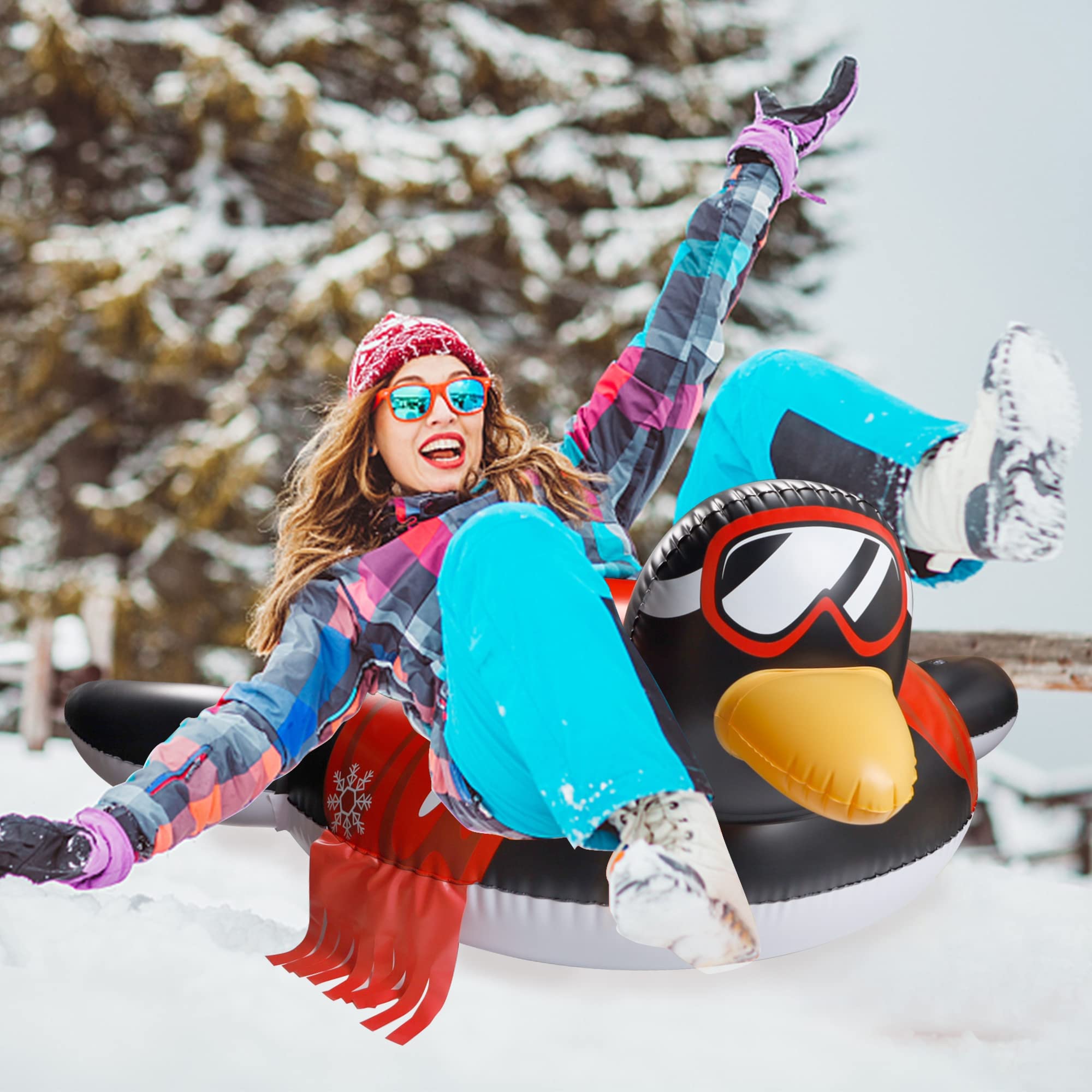 Triumpeek Snow Tubes, Inflatable Snow Sleds Heavy Duty Sledding Snowboard with Handles Winter Outdoor Fun (Penguin)