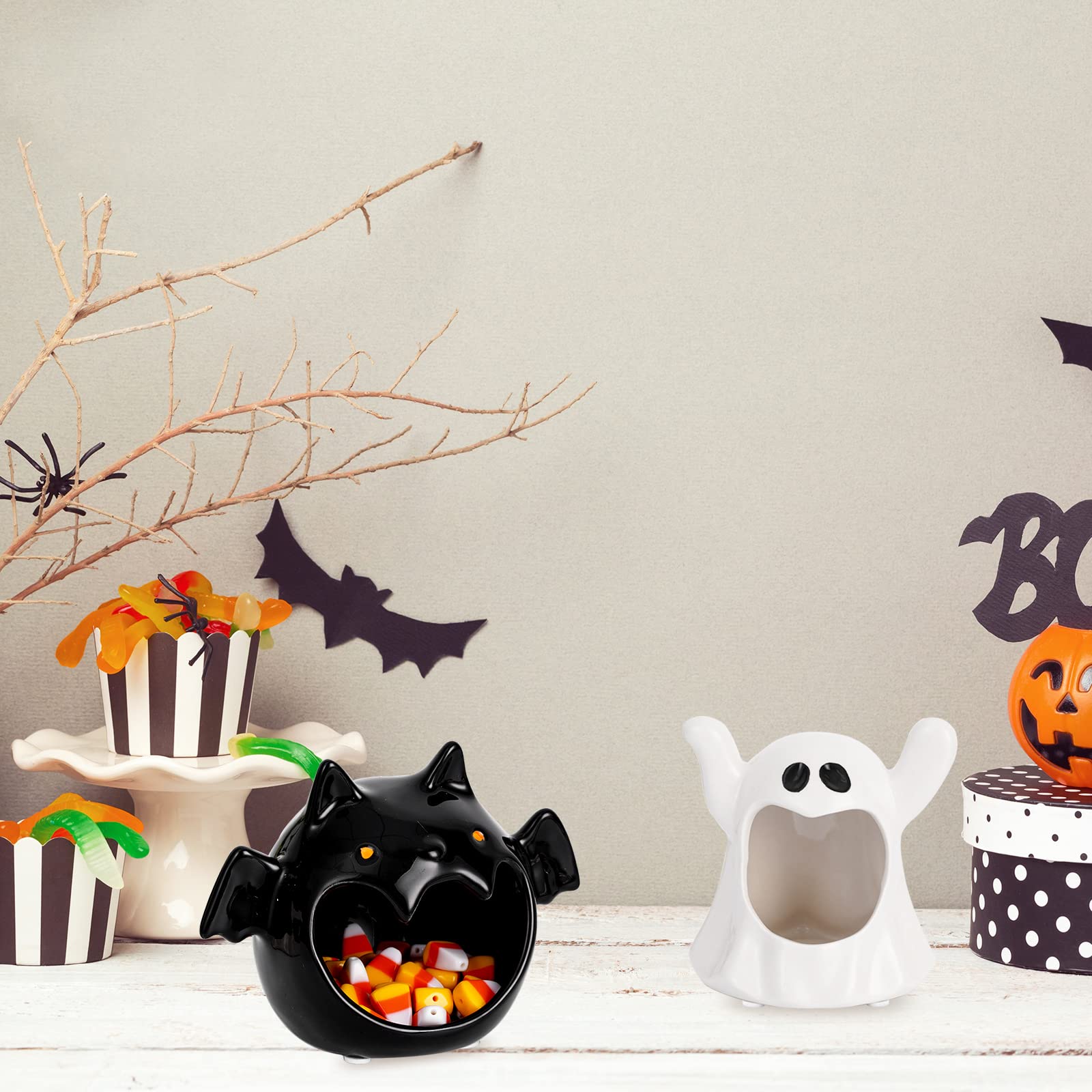 Whaline 2Pcs Halloween Candy Dish Holder Bat Ghost Ceramic Dish Halloween Candle Holder Cute Candy Bowl Holiday Tired Tray Decor for Trick or Treat Halloween Party Decoration Supplies Gift
