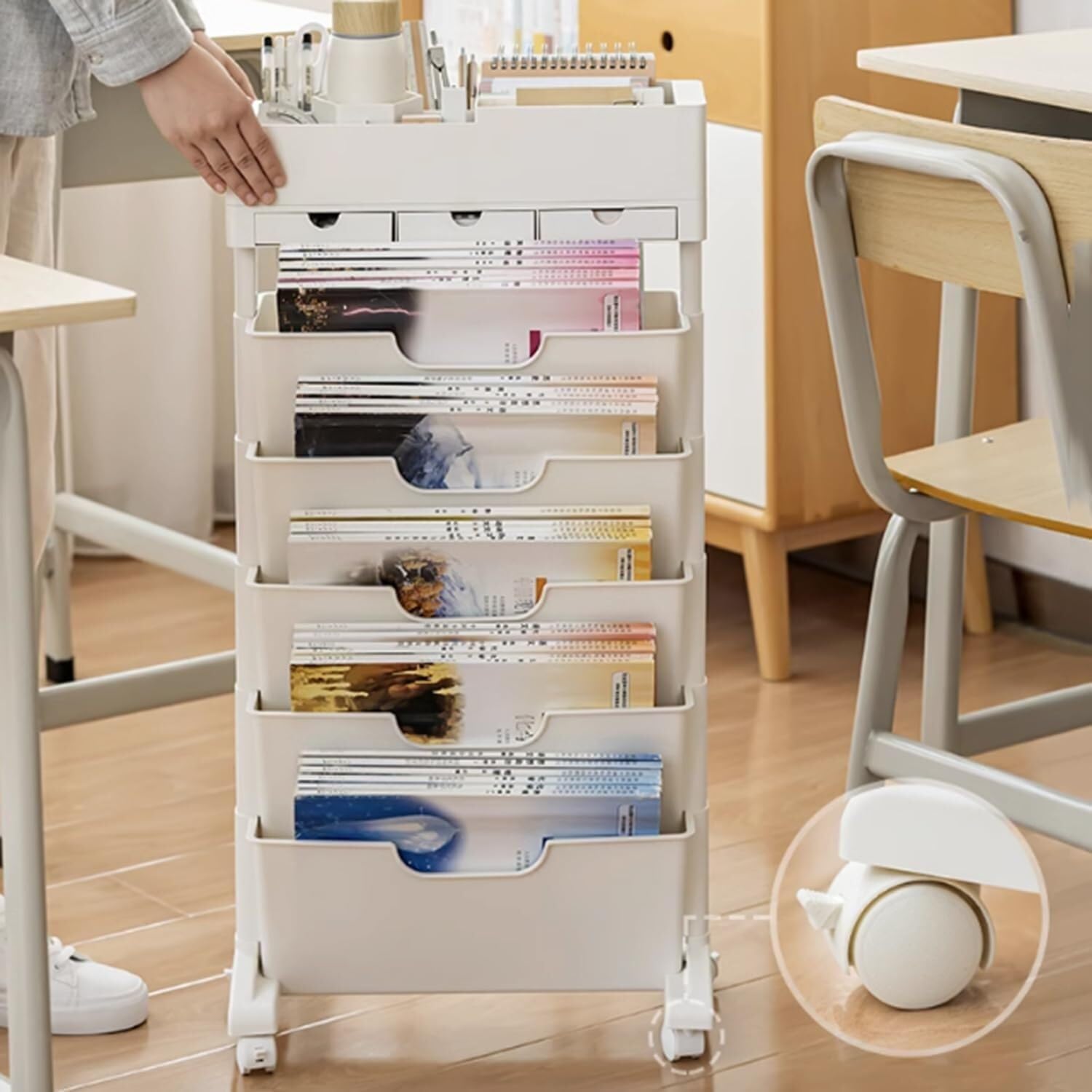 Rolling Cart Organizer, 6 Tier Mobile Bookshelf, 6 Tier Rolling Utility Cart with 3 Drawer, 5 Tier Home Bookshelf, Multi Functional Movable Storage Book Shelves with Lockable Casters for Study Office