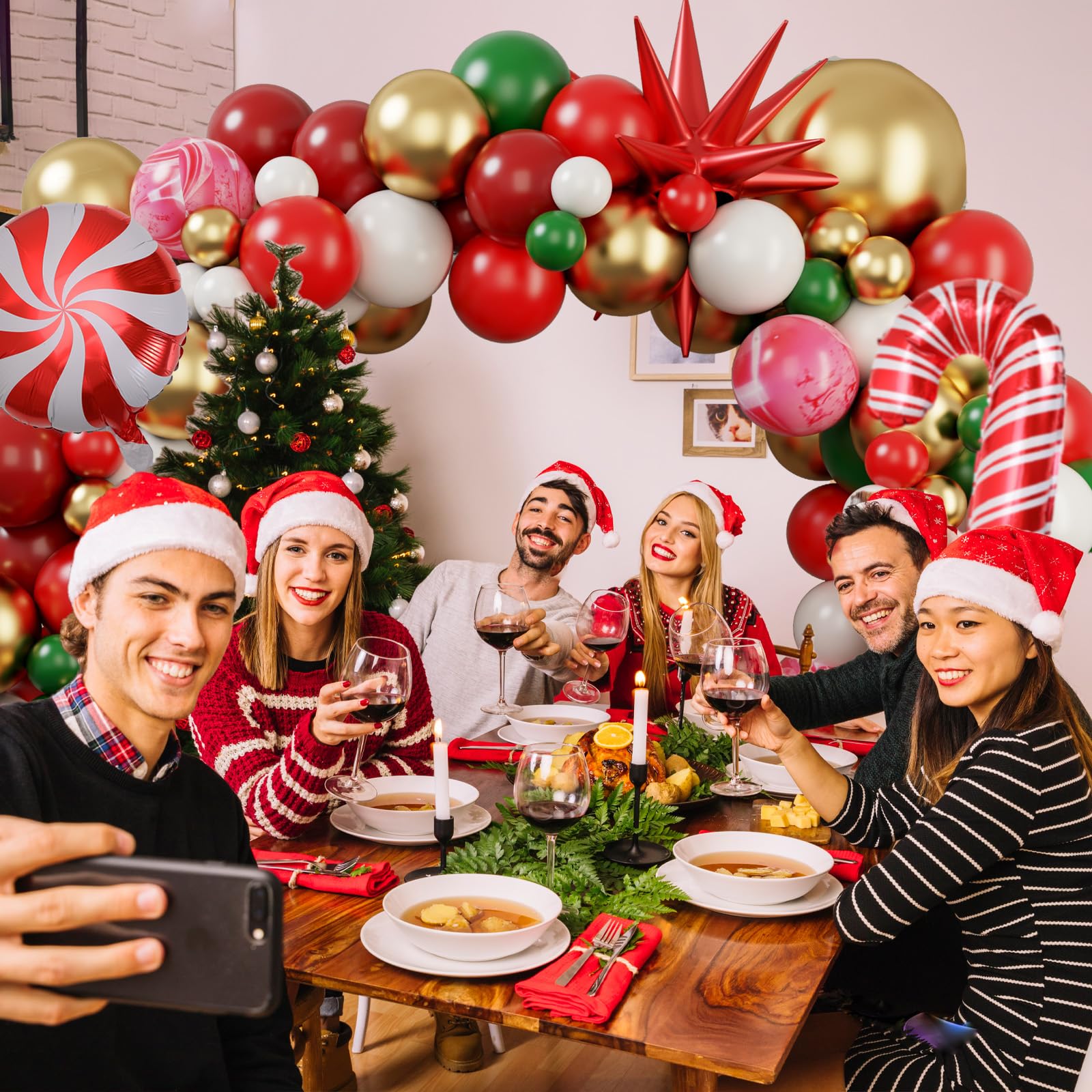 RUBFAC Christmas Balloon Garland Arch Kit 181pcs Red Green White Metallic gold Party Decorations Balloons with Candy Exploding Red Star for Christmas Holiday Winter Party Decorations New Year Decor