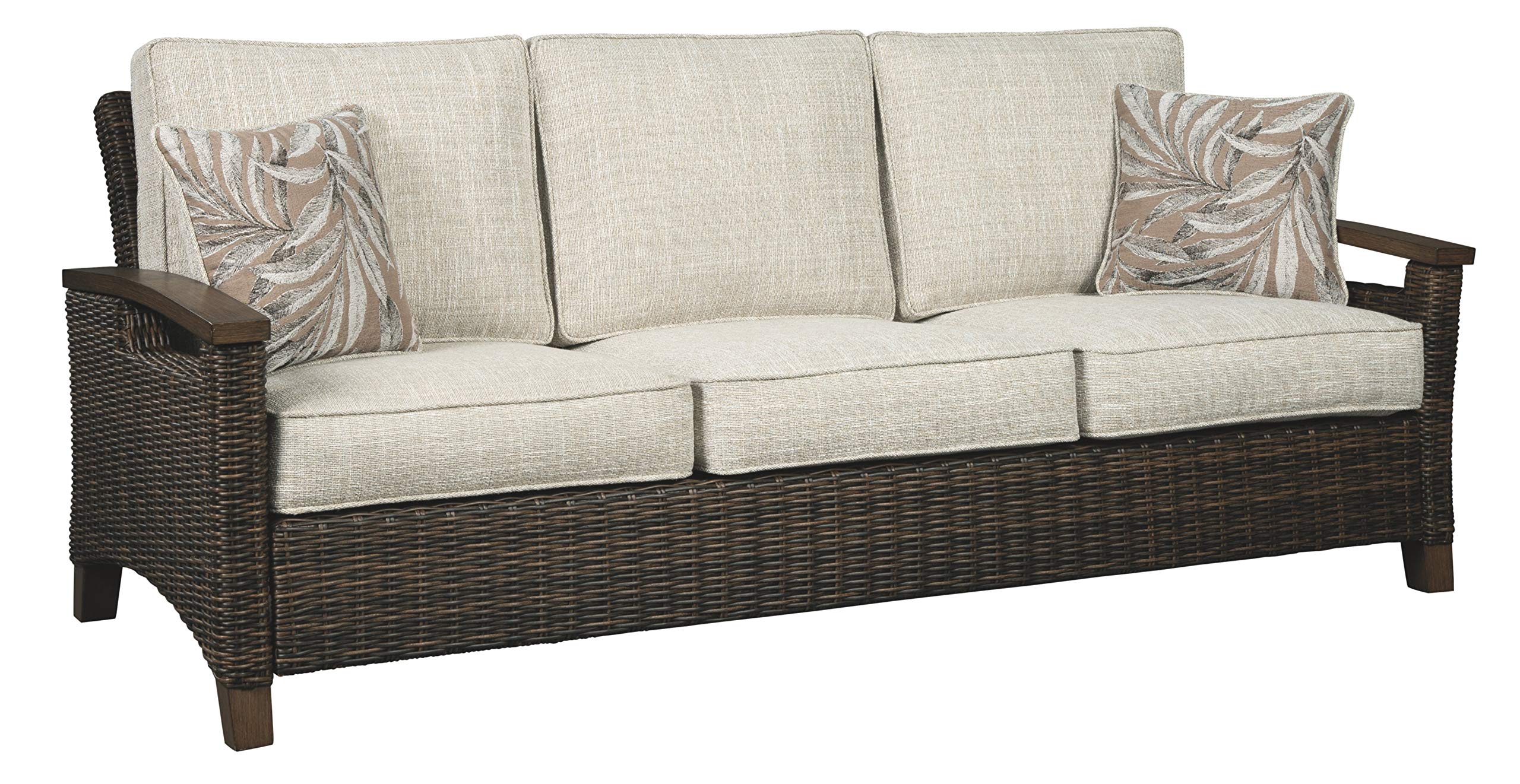 Signature Design by Ashley Paradise Trail Outdoor Patio Sofa with Cushion, 2 Pillows and Square End Table, Brown & Beige