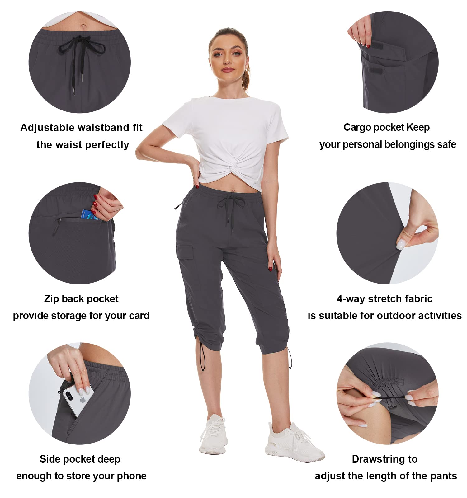 VAYAGER Women's Outdoor Hiking Capri Pants Loose-Fit Lightweight with Zipper Pockets(Black L)