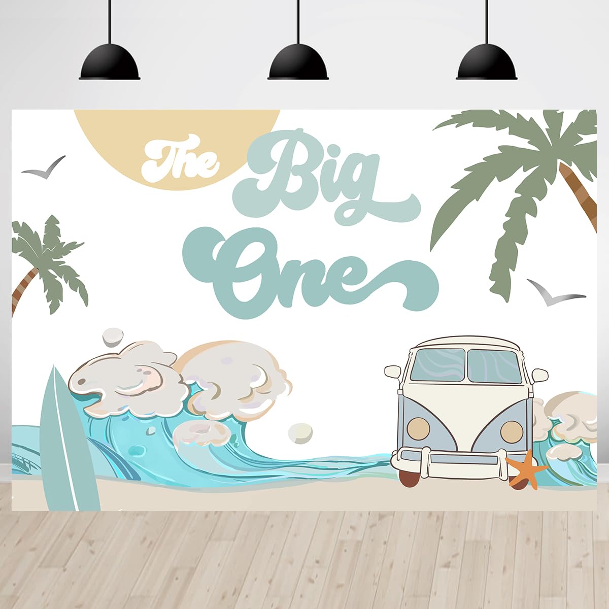 The Big One Surfing 1st Birthday Backdrop for Boys Retro Surf Van Surfboard Beach Party photography Background Boy One Birthday Party Decorations Cake Table Banner 5x3ft