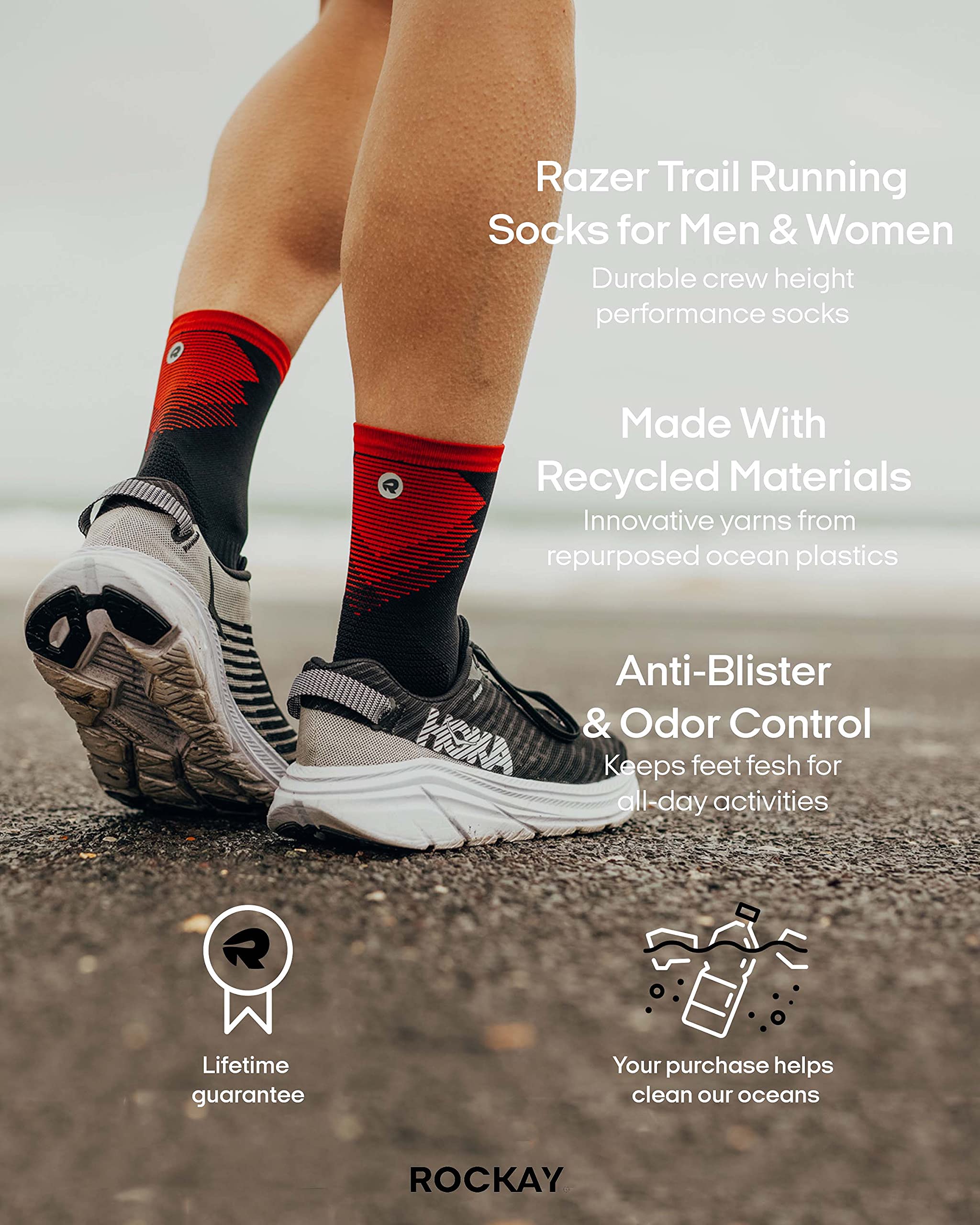 Rockay Razer Trail Running Socks for Men and Women, Cushion, Crew Cut, Arch Support, 100% Recycled, Anti-Odor (1 Pair)