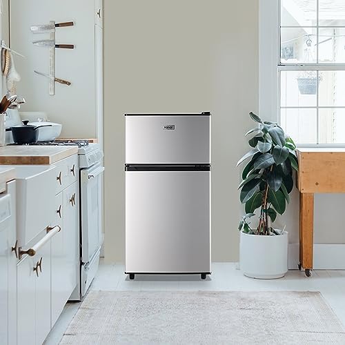 WANAI Refrigerator 3.5 Cu.Ft Refrigerator with Freezer, Retro Fridge with Dual Door,7 Adjustable Thermostat, Adjustable Shelves For Dorm, Office Bedroom, Silver