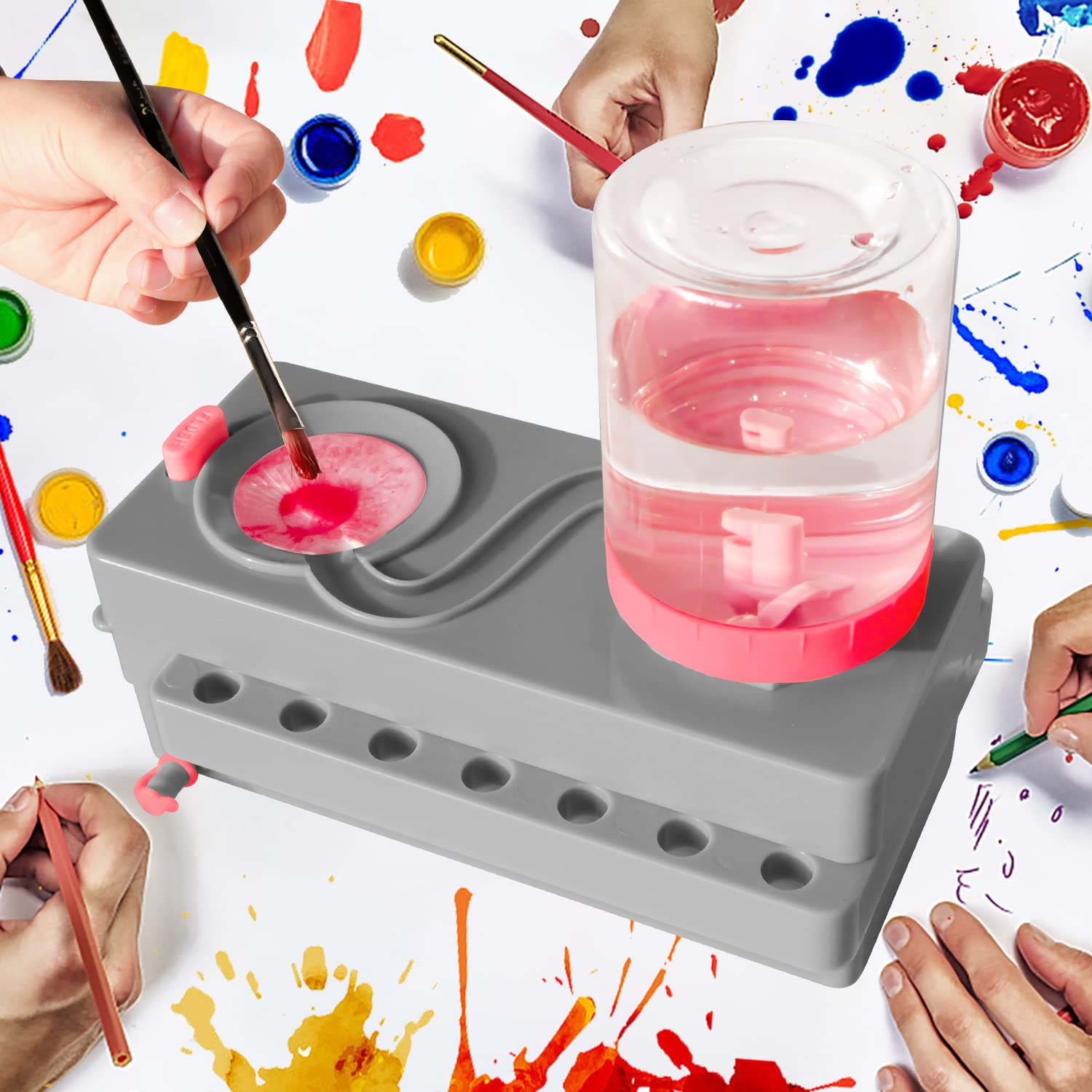Upgrade Paint Brush Cleaner with Holder, Water Cycle Brush Rinser for Acrylic, Watercolor, and Water-Based Paints(Pink+Grey)