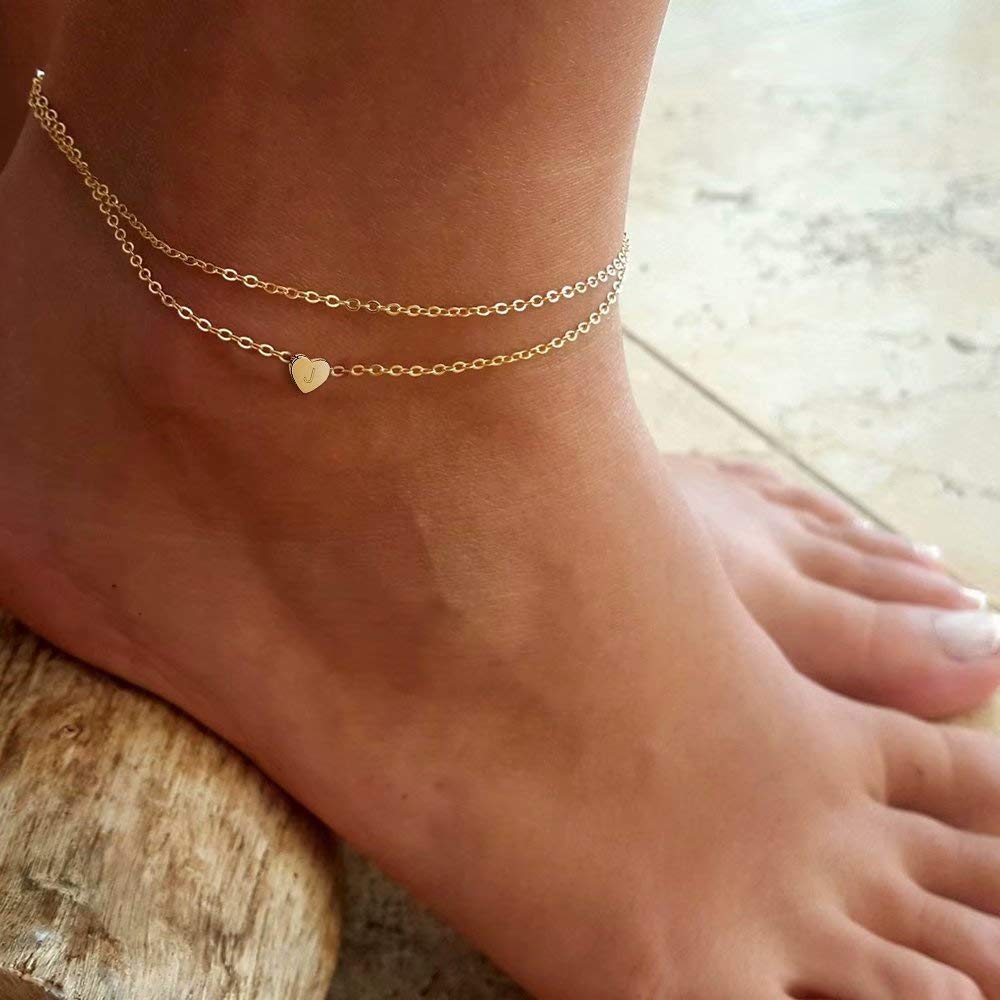 Turandoss Heart Initial Anklet Bracelet for Women, 14K Gold Filled Layered Ankle Bracelet Summer Boho Beach Minimalist Initial Anklet for Women Anklet With Initials A