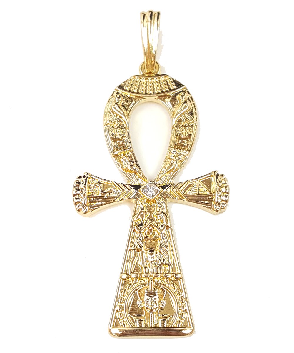 UrbanMixNY Egyptian Symbols Engraved Ankh Gold Plated Pendant with 2mm 24" Box Chain