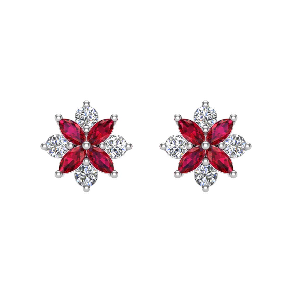 Ruby Earrings for women/girls Diamond studs w/Marquise gemstone 14K White Gold 0.90 ct t.w.