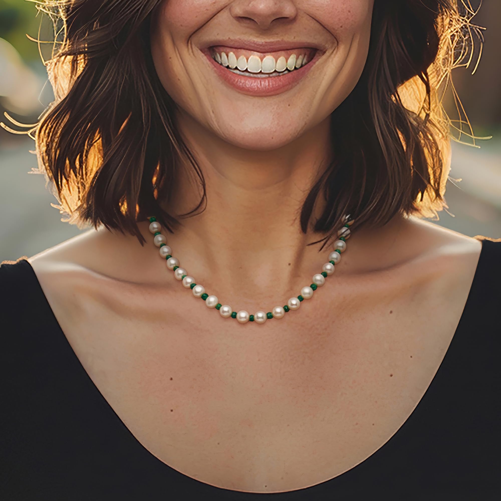 Ross-Simons 8-8.5mm Cultured Pearl and 13.00 ct. t.w. Emerald Bead Necklace With 14kt Yellow Gold. 18 inches