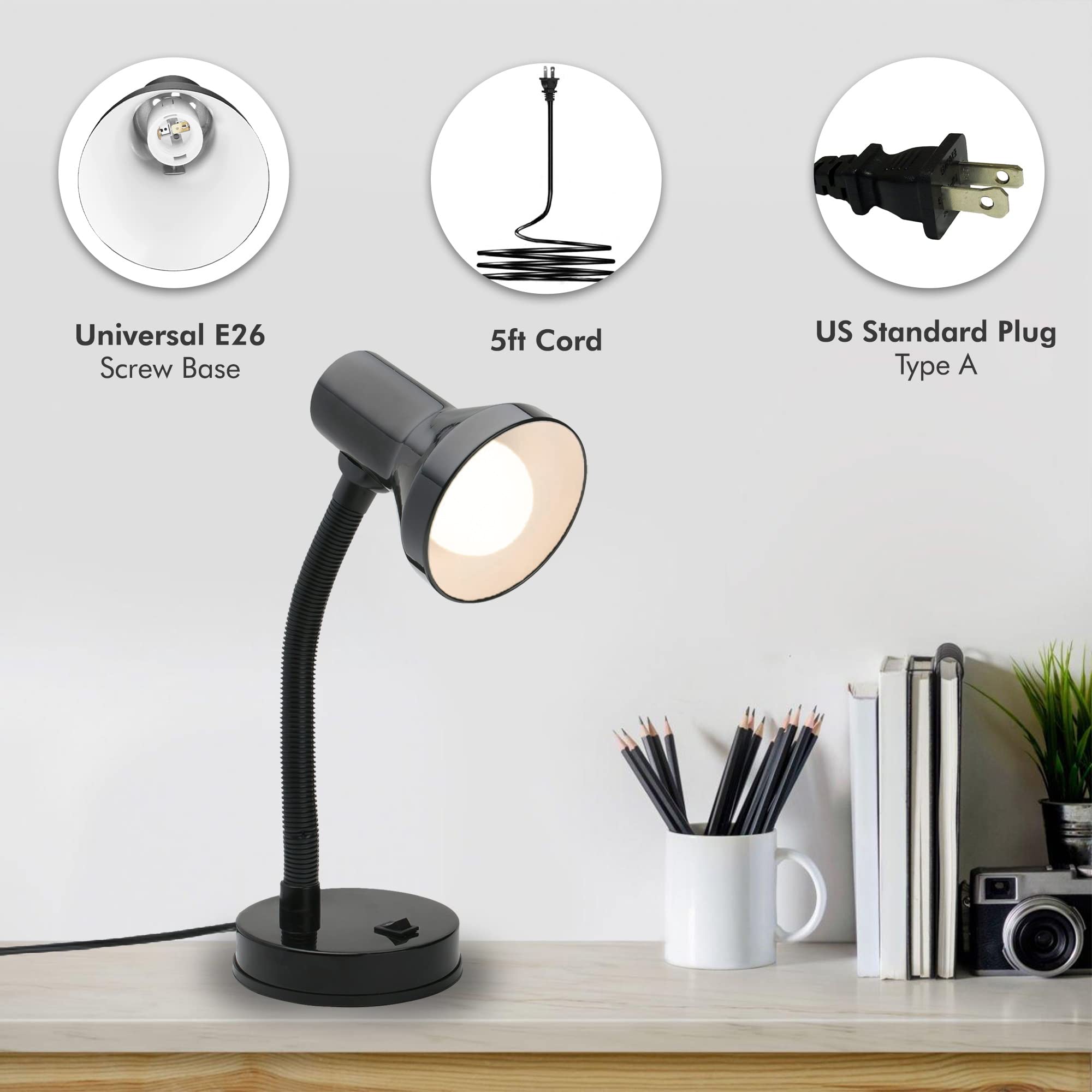 Xtricity Gooseneck Desk Lamps with Adjustable Gooseneck Arm, Metal Desk Lamp with 7W A19 LED Bulb, 120 Volt, Convenient On/Off Switch, 14" Inch Tall (36cm), Black Finish