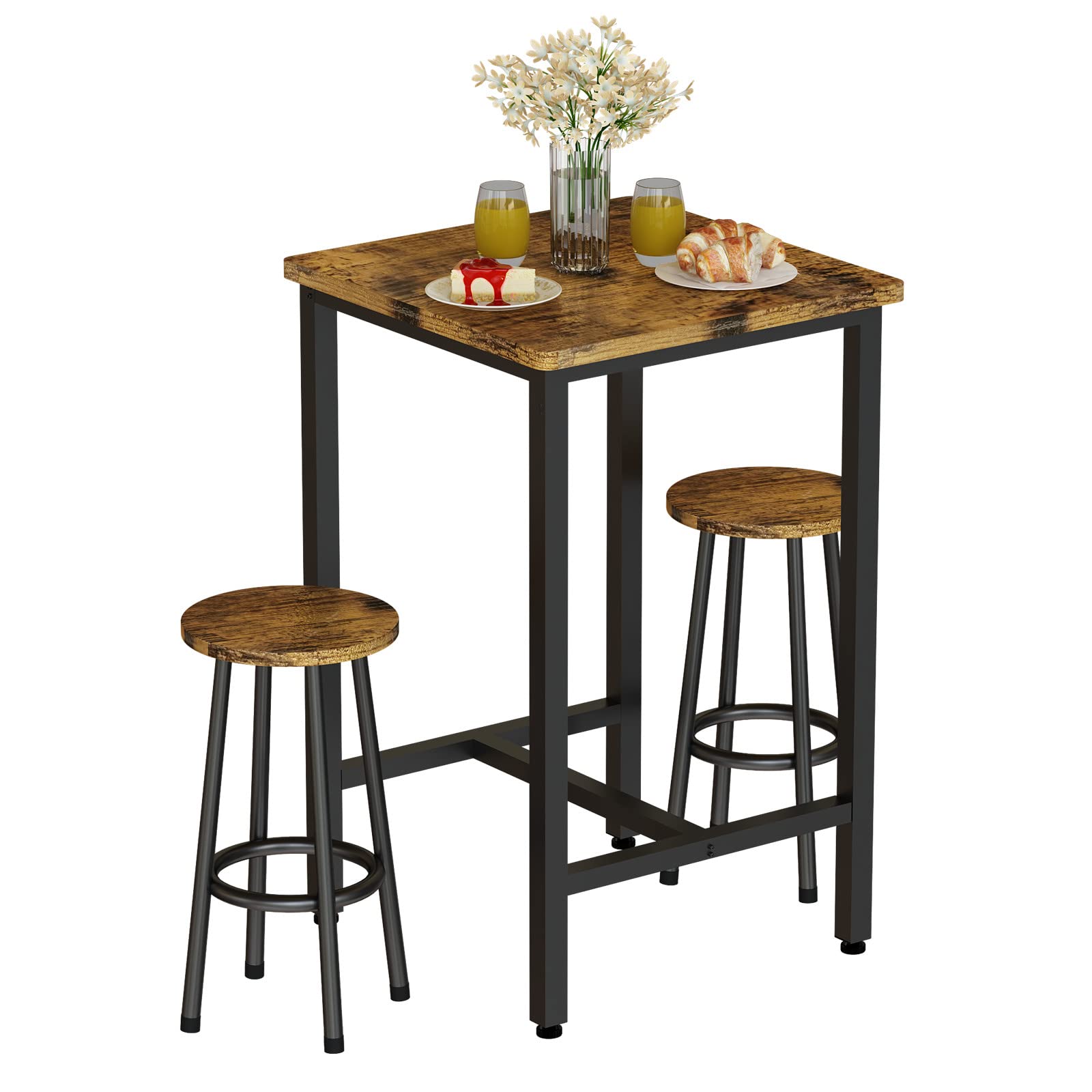 Recaceik 3 Piece Pub Dining Set, Modern bar Table and Stools for 2 Kitchen Counter Height Wood Top Bistro Easy Assemble for Breakfast Nook Living Room Small Space Restaurant, Rustic Brown 24β