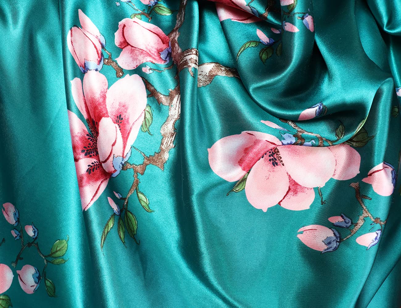 vabovin 35" Fashion Neckerchief Women's Silk Like Big Satin Square Hair Scarf Accessory (Blue Green Flowers)