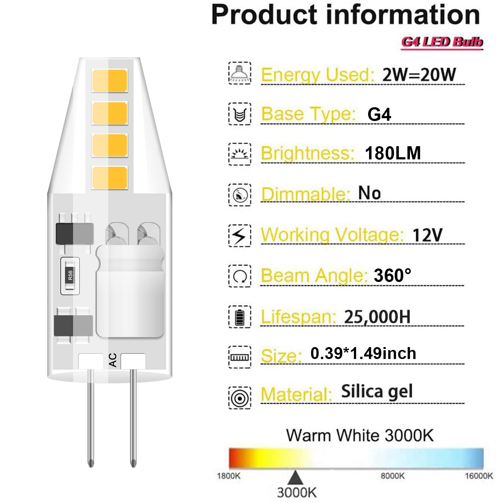 TAIYALOO G4 LED Bulb JC Bi-Pin Base 2W AC/DC 12V Warm White 3000K 20W T3 Halogen Bulb Replacement for Landscape Lighting, Chandeliers, RV, Under Cabinet Puck Light (10 Pack)