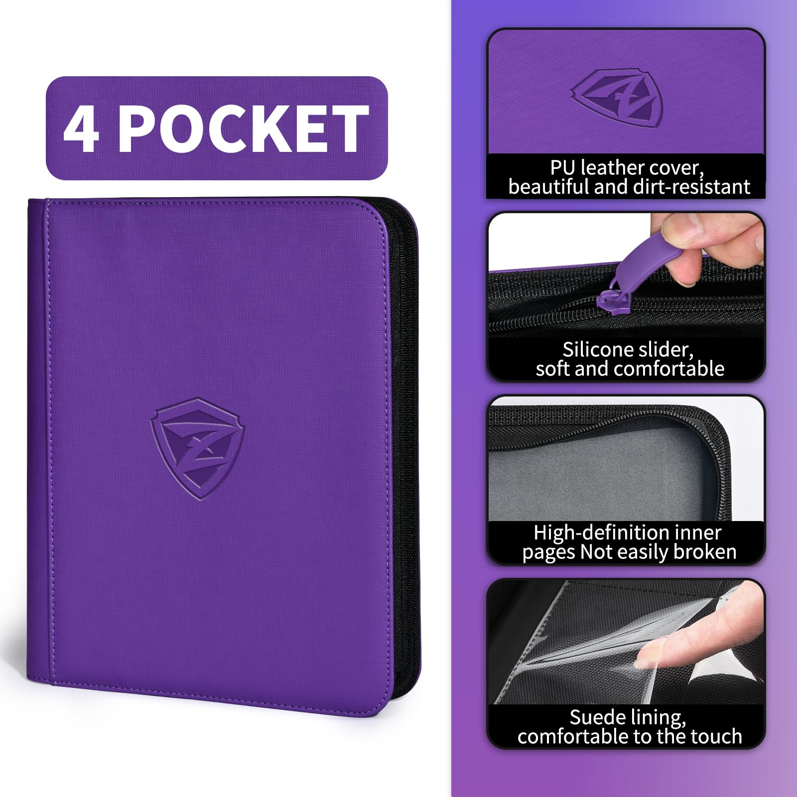 ZLCA Toploader Card Binder, 4-Pocket Trading Card Album Holder fits for 3 x 4'' Top Loader, Ringless Double-Sided Card Display Storage Carrying Case Compatible with PTCG MTG Sports Cards (Purple)