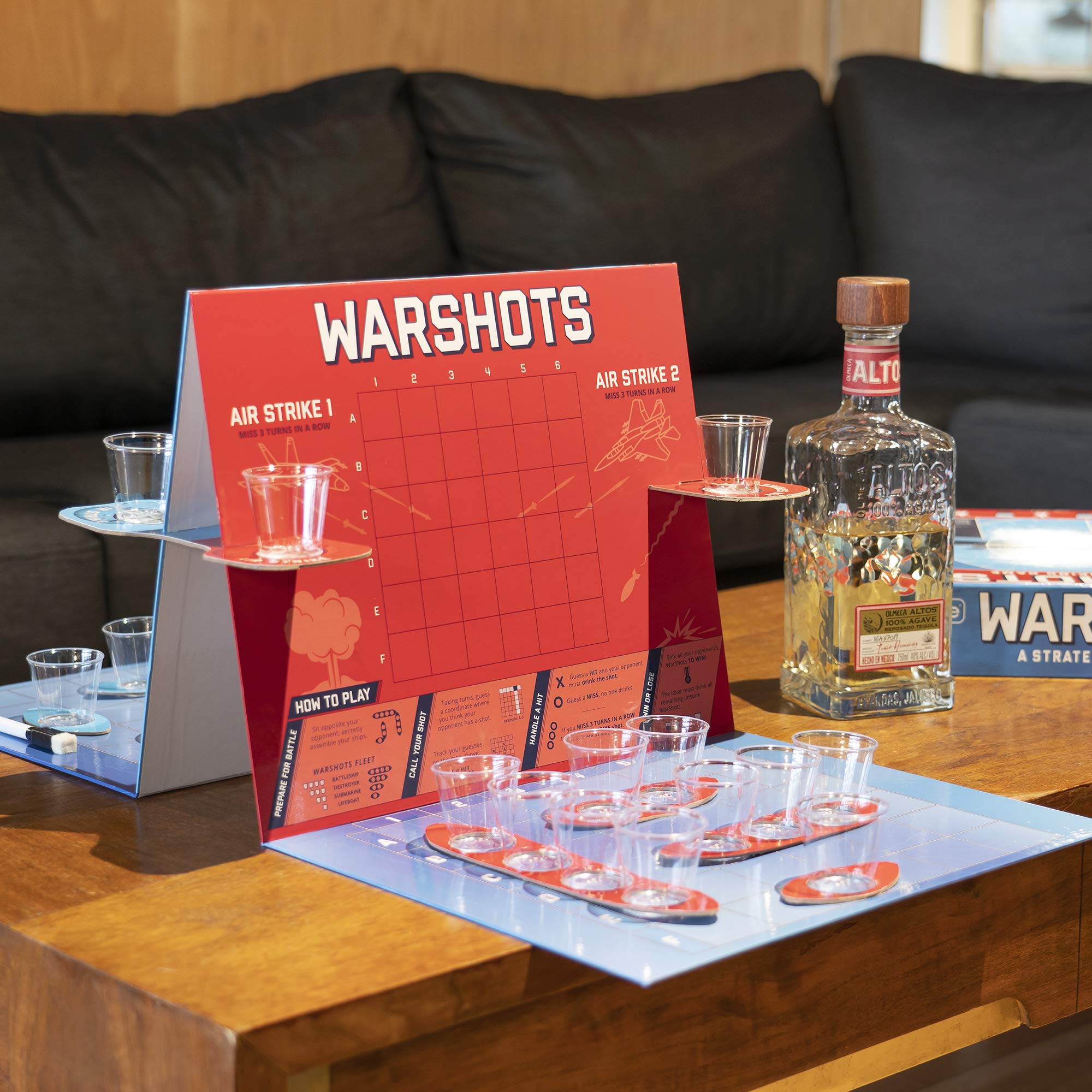 True War Shots Battle Shipwreck Drinking Board Game for Adults, Shot Glasses for Any Liquor or Beer, 2 Player Red and Blue, Paper, Plastic, Set of 1