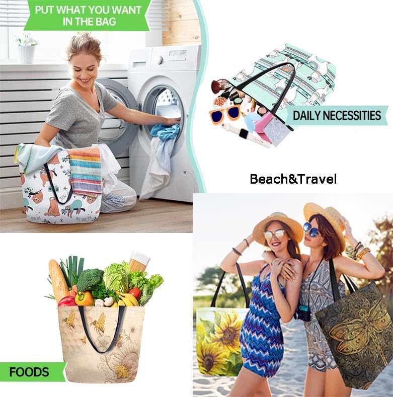 ZzWwR Rural Honey Bees Wildflowers Extra Large Canvas Shoulder Tote Top Handle Bag for Gym Beach Travel Reusable Grocery Shopping