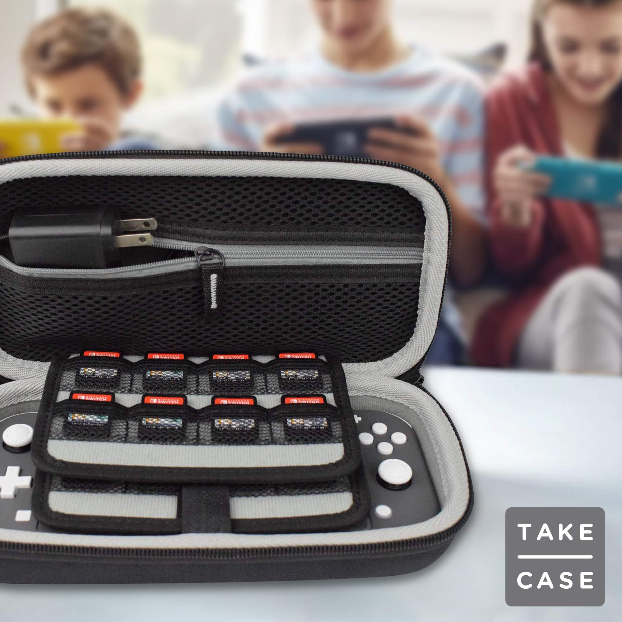 TAKECASE Hard Shell Carrying Case - Compatible with Nintendo Switch Lite - Fits Extra Controllers and 16 Game Cards - Includes Accessories Pouch for Adapter/Charger and Cables Grey/Black