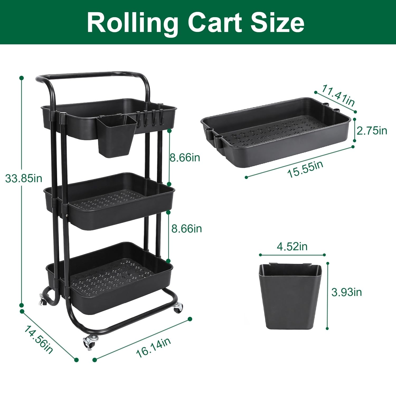 Rolling Metal Cart Kitchen Vegetable Fruits Rack Stand Movable Multi-Purpose Storage Shelf Trolley 3-Tier Utility Cart with Wheels (Black)