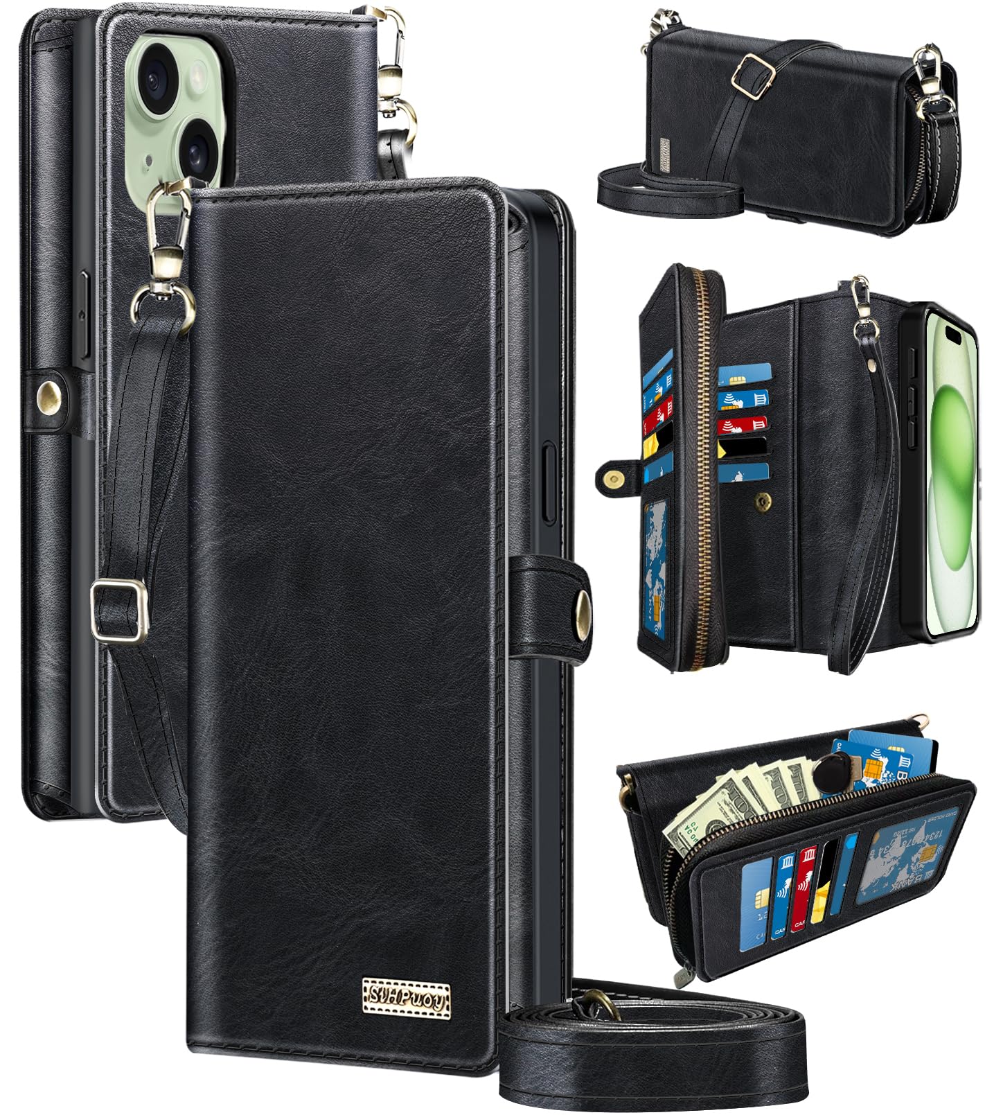 SiHPuoy Leather for Apple iPhone 15 Plus Wallet Case with Card Holder Kickstand, Phone Accessories for Woman Men Women, 2 Pack Screen Protector 2 Pack Camera Lens Cover, Black