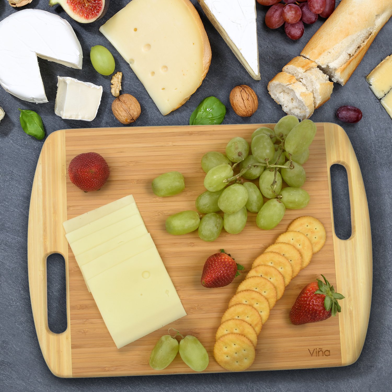 Vina Bamboo Cutting Board β Extra Large 16" x 11.5" Kitchen Chopping board Serving Platter with both sides handle, Eco-friendly