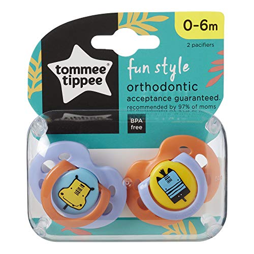 Tommee Tippee Fun Style Pacifiers, Symmetrical Design, BPA-Free Silicone Binkies, 0-6m, 2 Count, Colors and Designs Vary