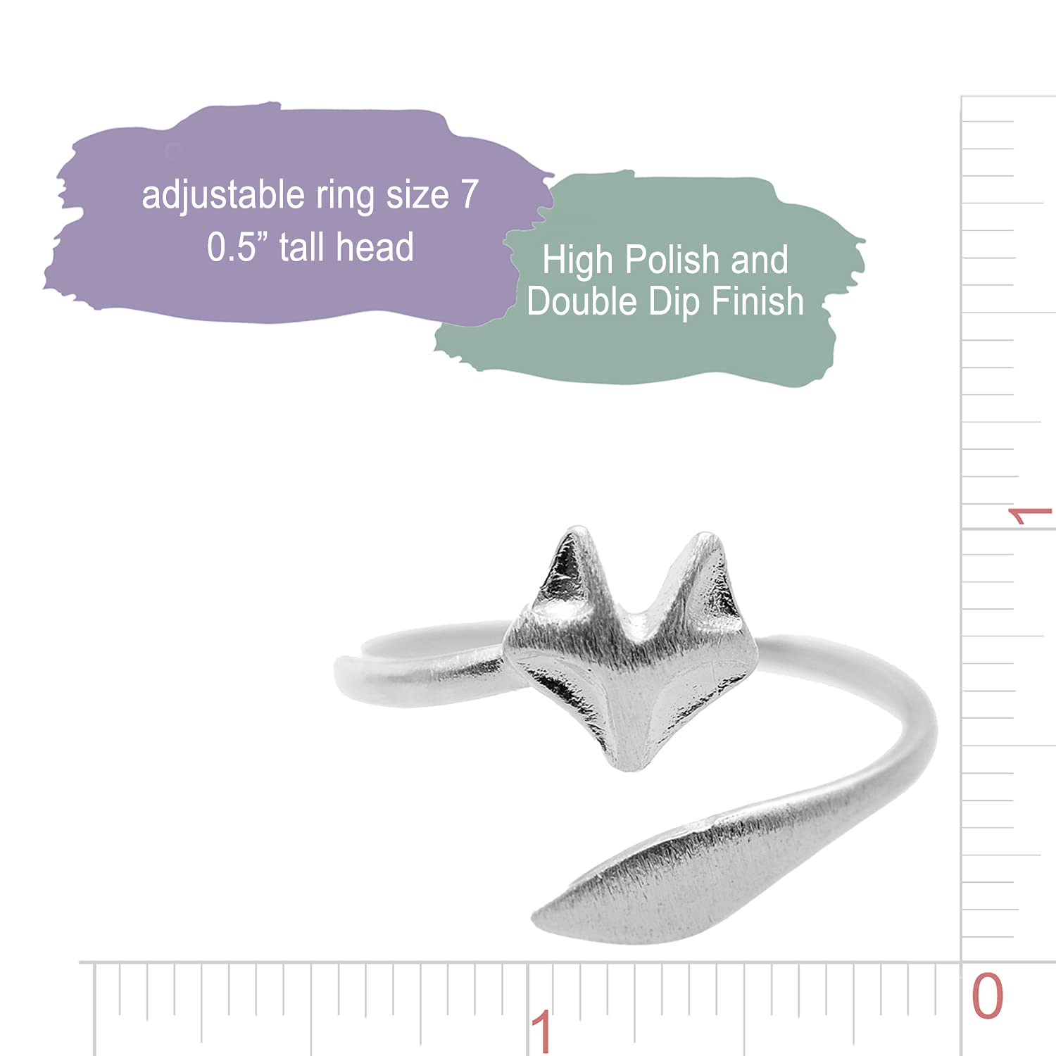 Spinningdaisy Handcrafted Brushed Metal Sleek Fox Head Ring Silver