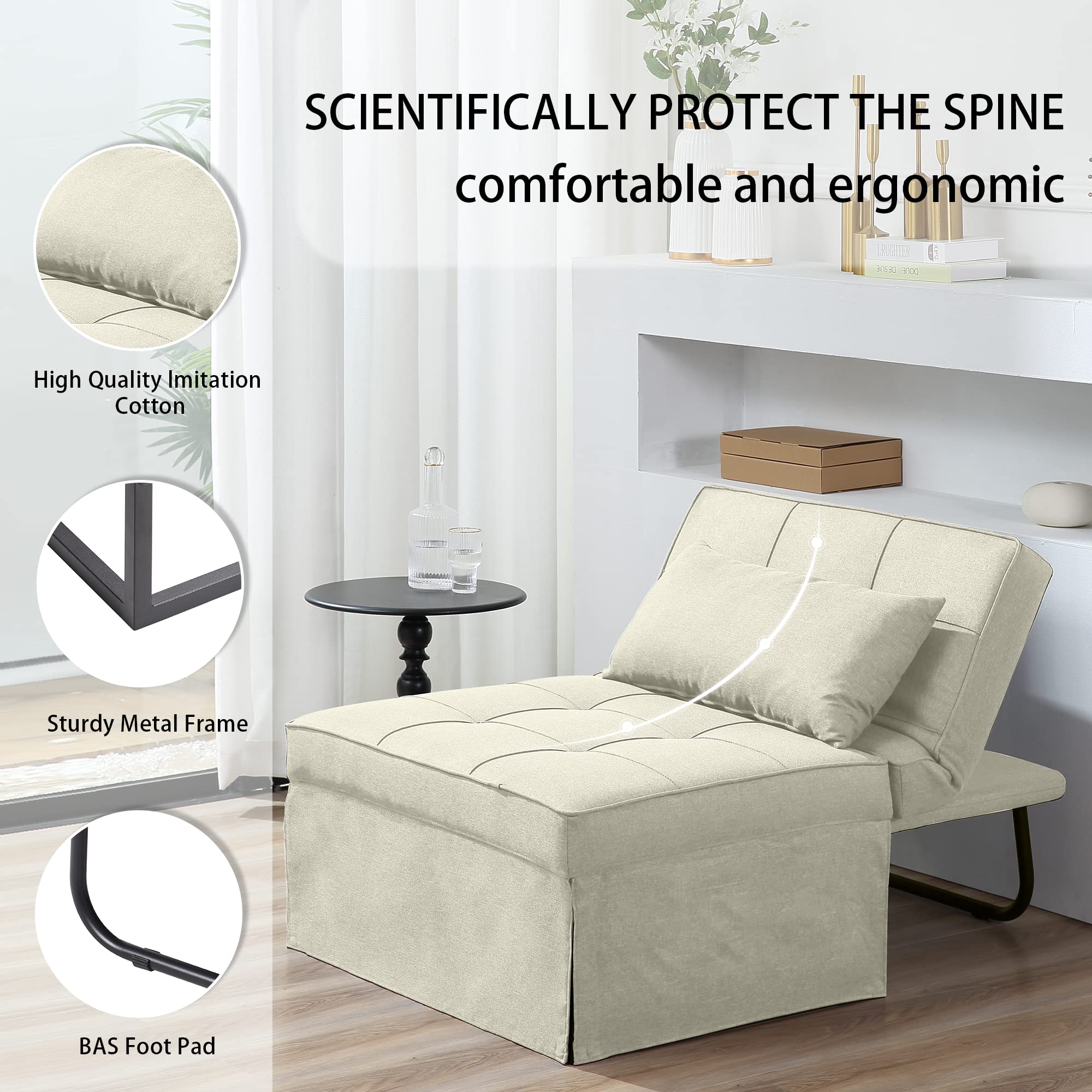 Sofa Bed, 4 in 1 Multi-Function Folding Ottoman Breathable Linen Couch Bed with Adjustable Backrest Modern Convertible Chair for Living Room Apartment Office, White