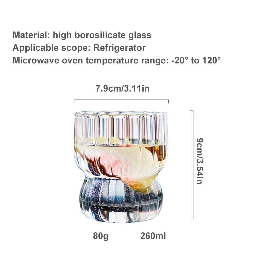 URMAGIC 2 Pcs Ribbed Drinking Glasses,9 Oz Ripple Glassware,Clear Origami Style Glass Cups,Iced Coffee Glasses,Wave Shape Beverage Cups,Clear Glass Cups for Cocktail,Whiskey,Juice,Water,Beer,Milk