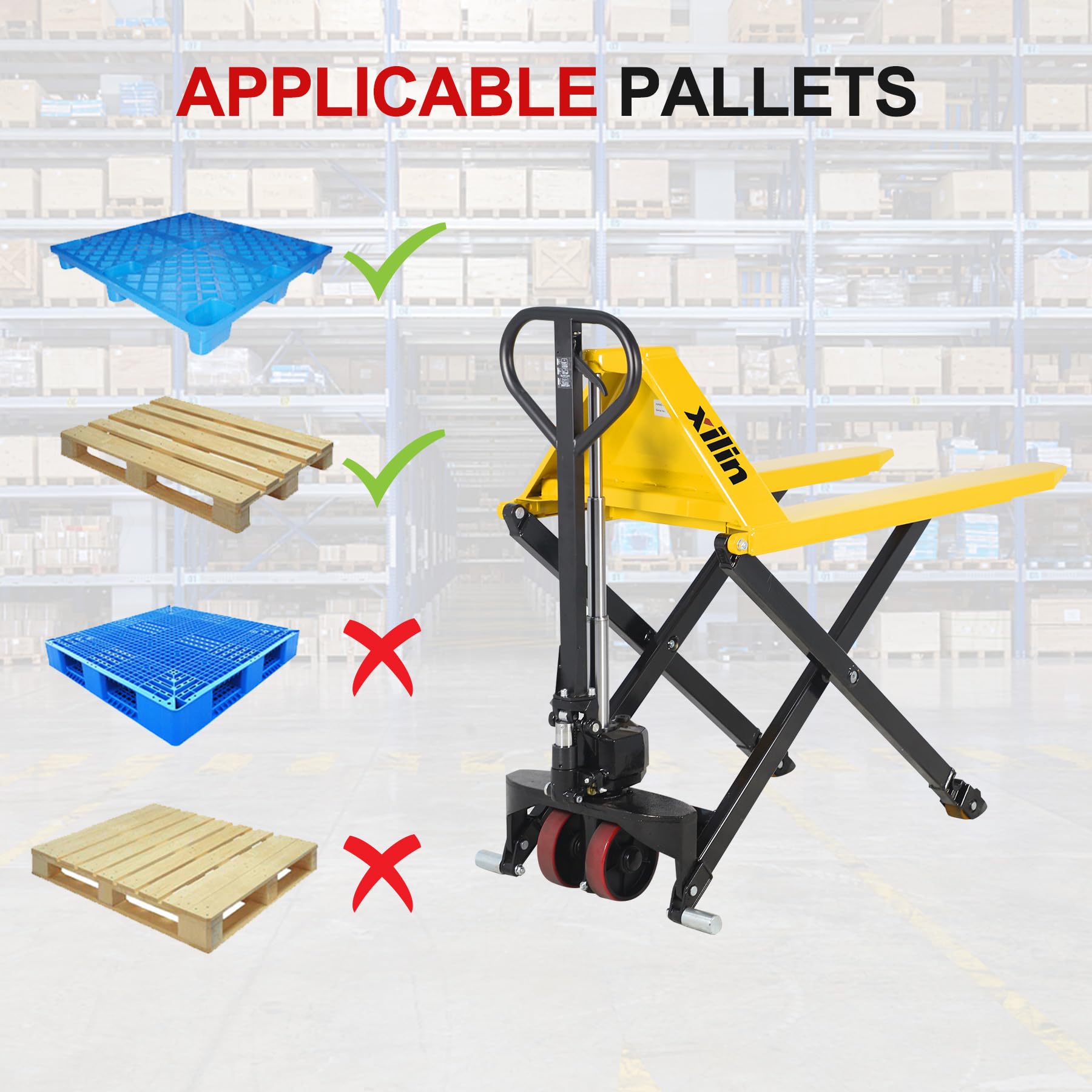 Xilin Manual Pallet Jack High Lift Hand Pallet Truck 2200lbs Capacity 3.3" Lowered 45" Lx21“W 31.5 Lift Height Suitable for EU Pallets JF-520